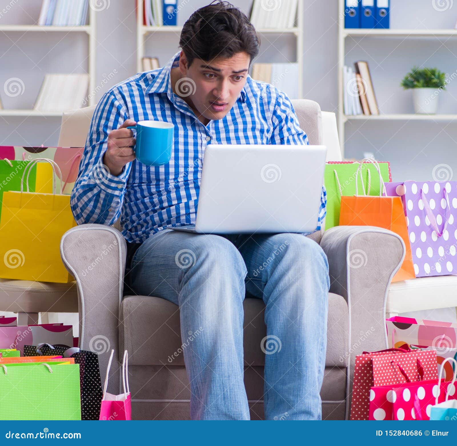 Young Man after Excessive Shopping at Home Stock Photo - Image of gift ...