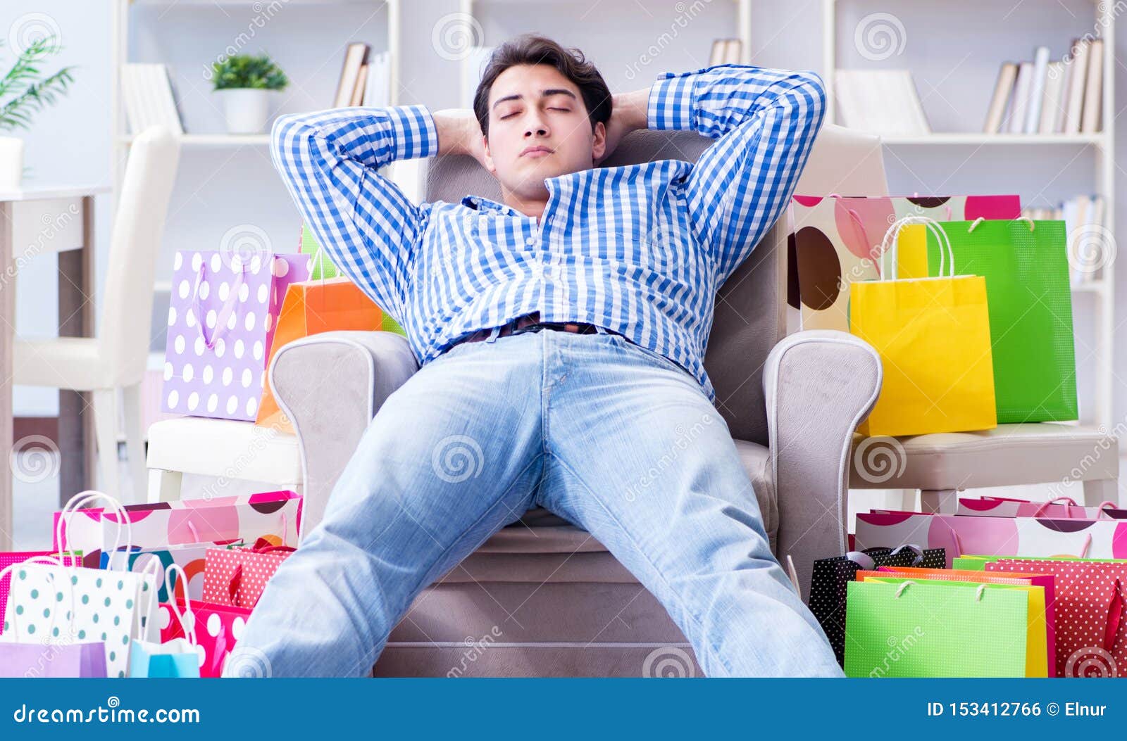 Young Man after Excessive Shopping at Home Stock Photo - Image of ...