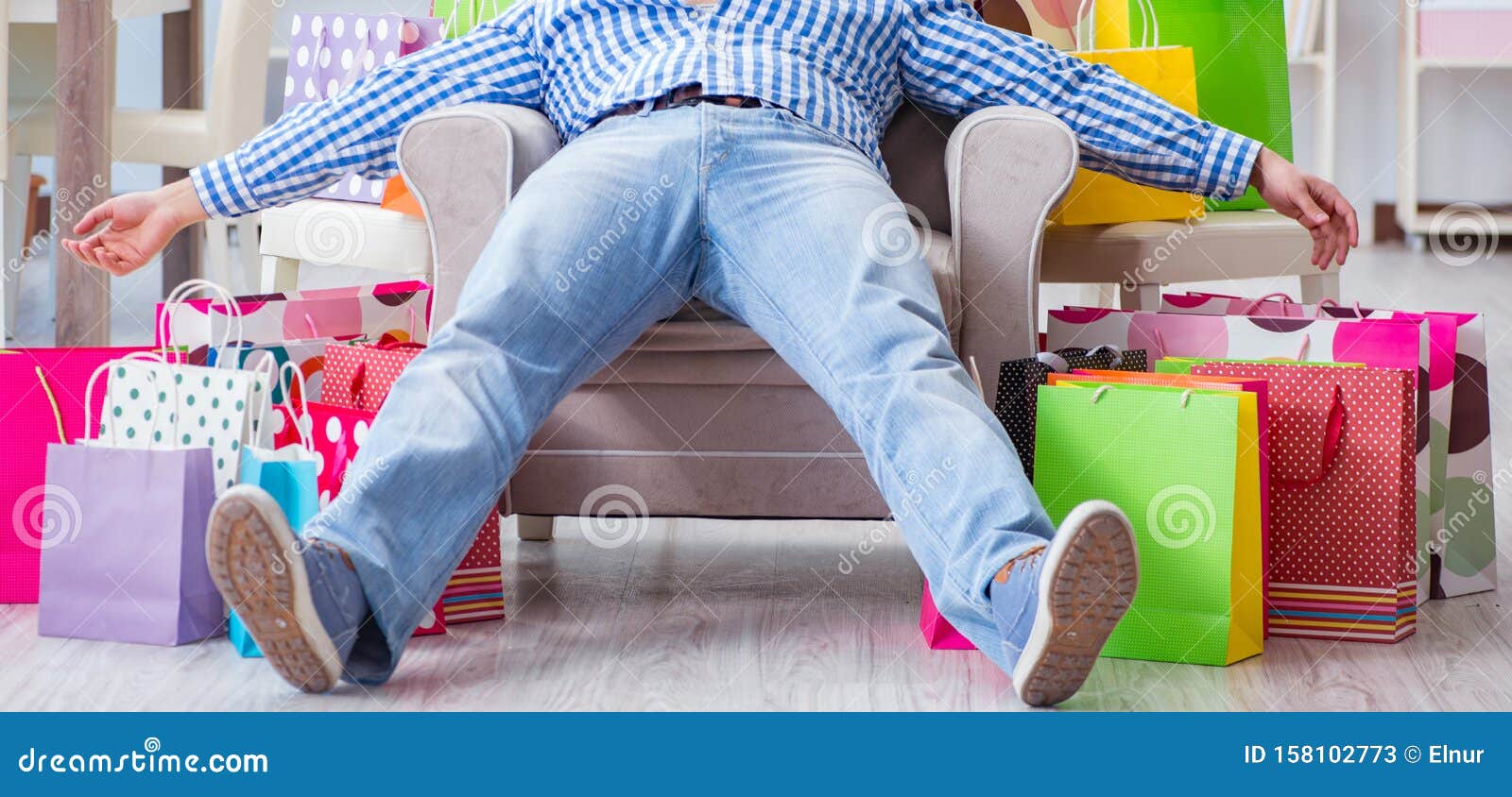 Young Man after Excessive Shopping at Home Stock Image - Image of couch ...