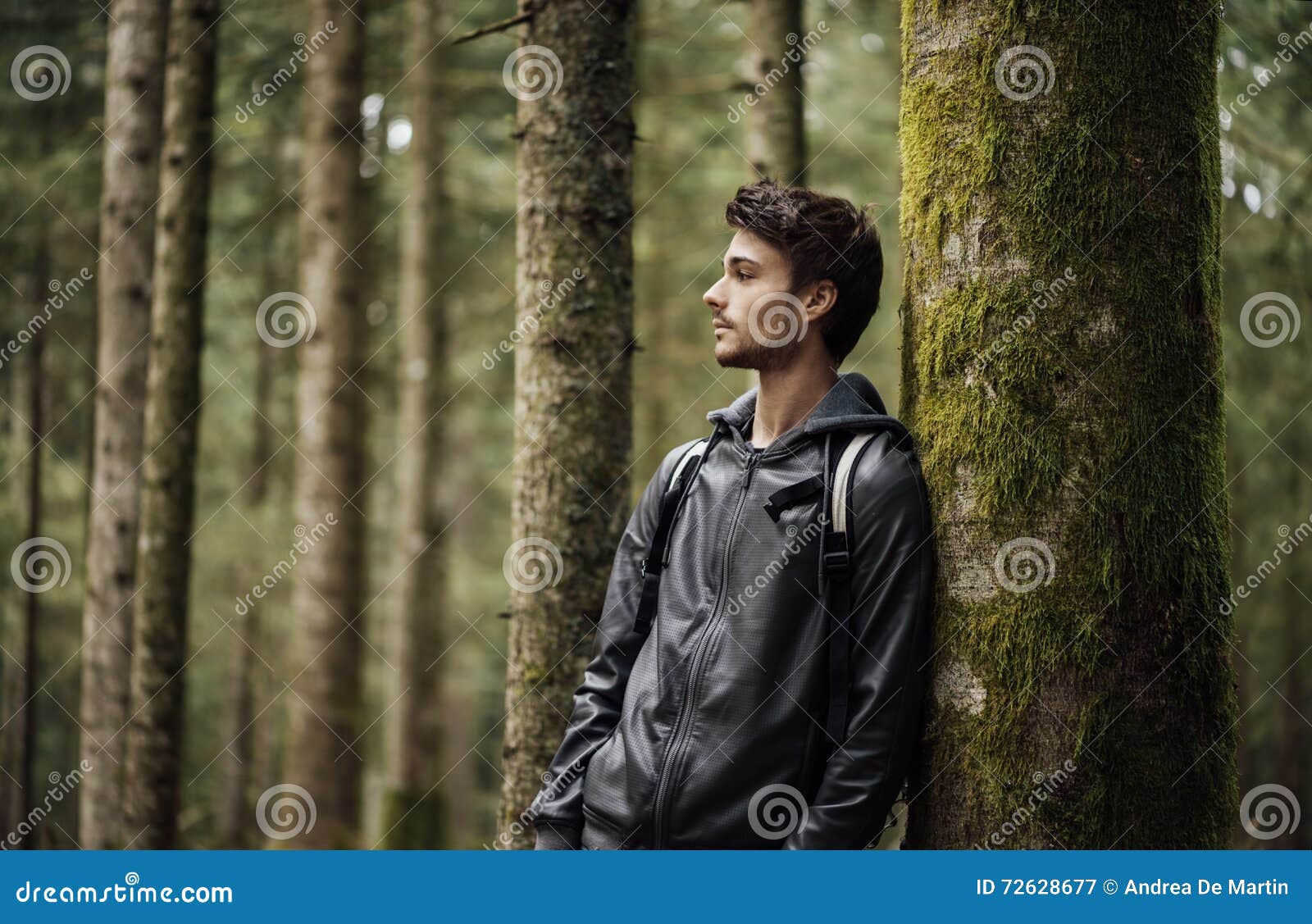 Young Man Exploring a Forest Stock Image - Image of casual, moss: 72628677