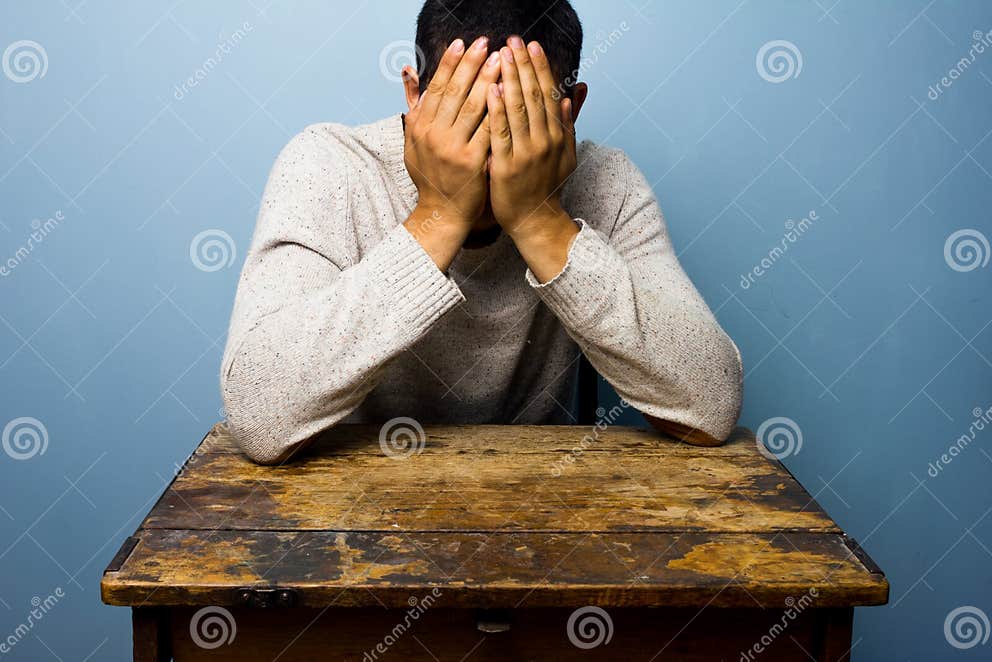 Young Man Face Palming at Desk Stock Image - Image of helpless, face ...