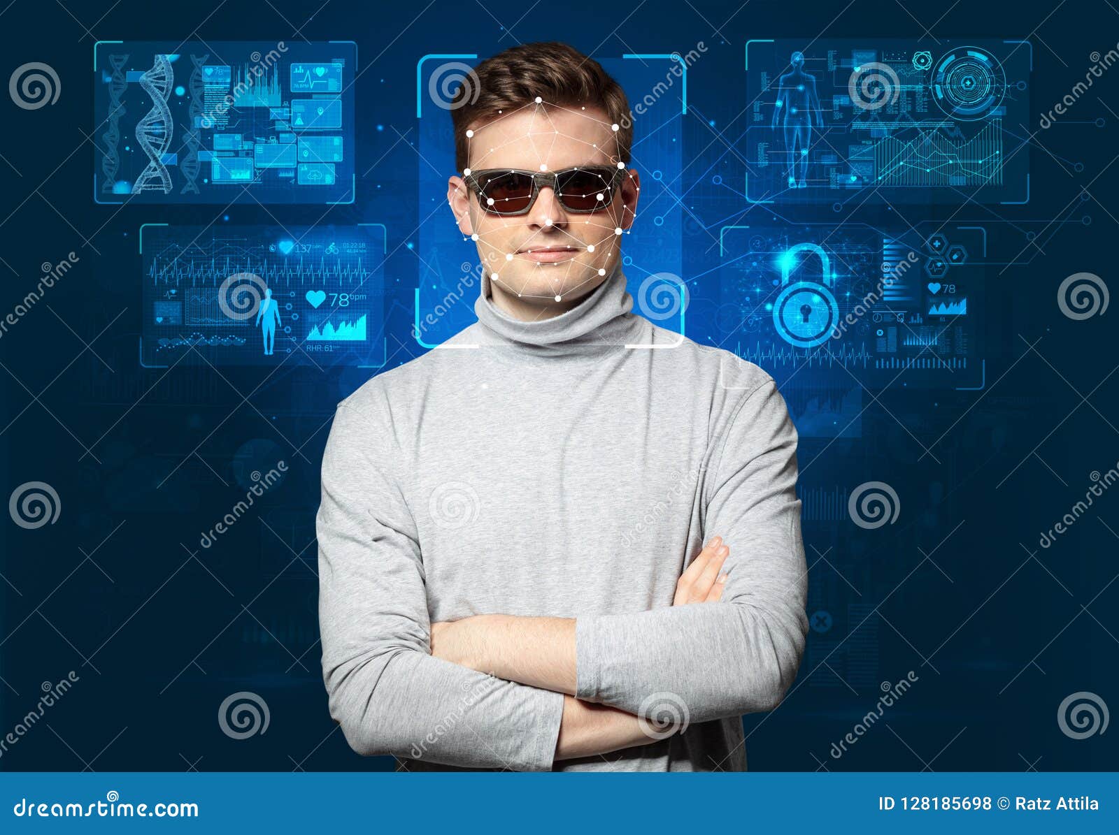 Young man face recognition stock photo. Image of identification - 128185698