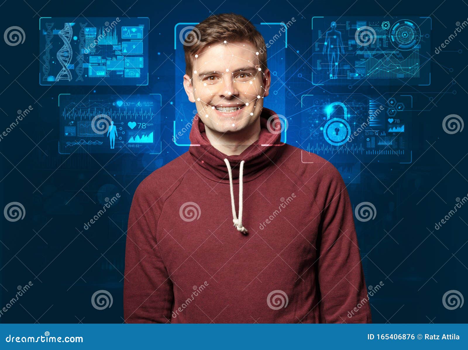 Young man face recognition stock photo. Image of biometrics - 165406876
