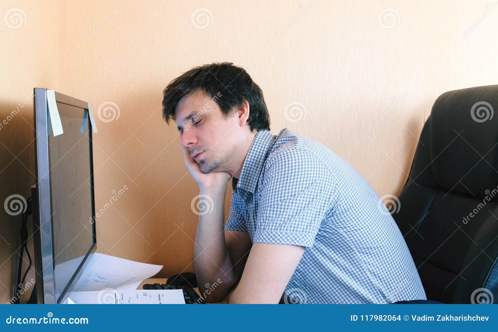 Young Man Falls Asleep Working at the Computer. Stock Photo - Image of ...