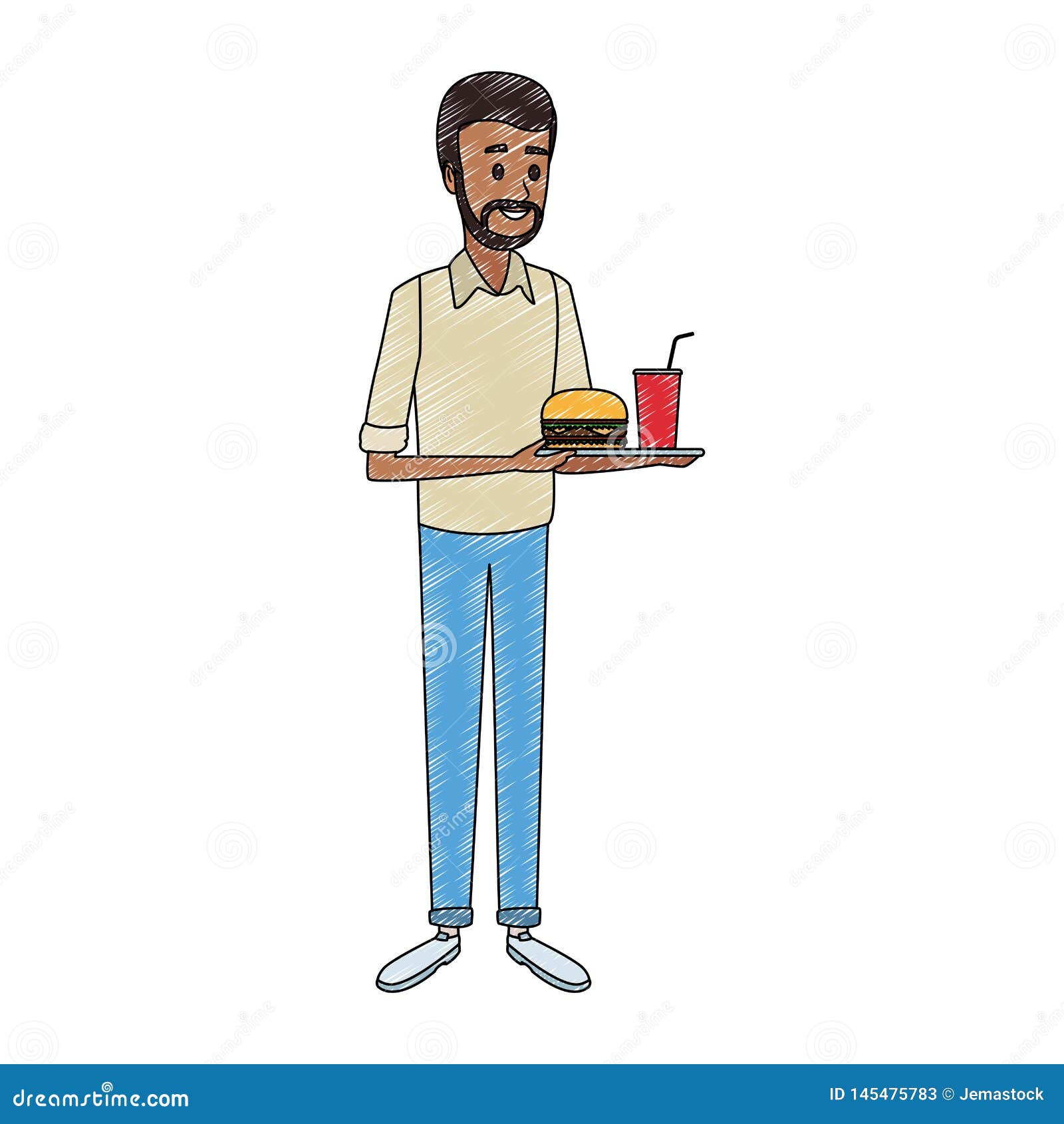 Young Man with Fast Food Combo Scribble Stock Vector - Illustration of ...