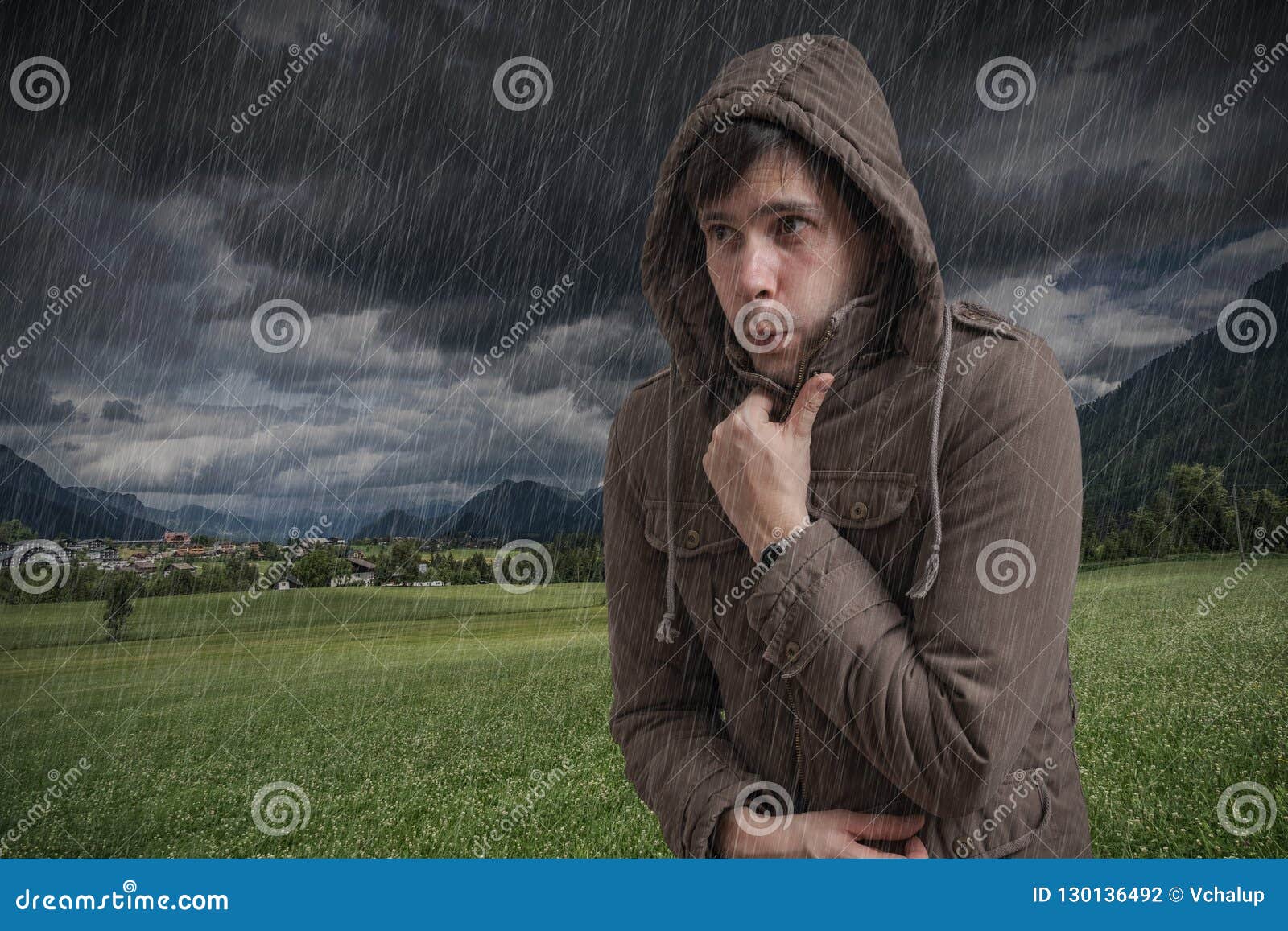 Young Man Feeling Cold during Thunderstorm Stock Photo - Image of ...