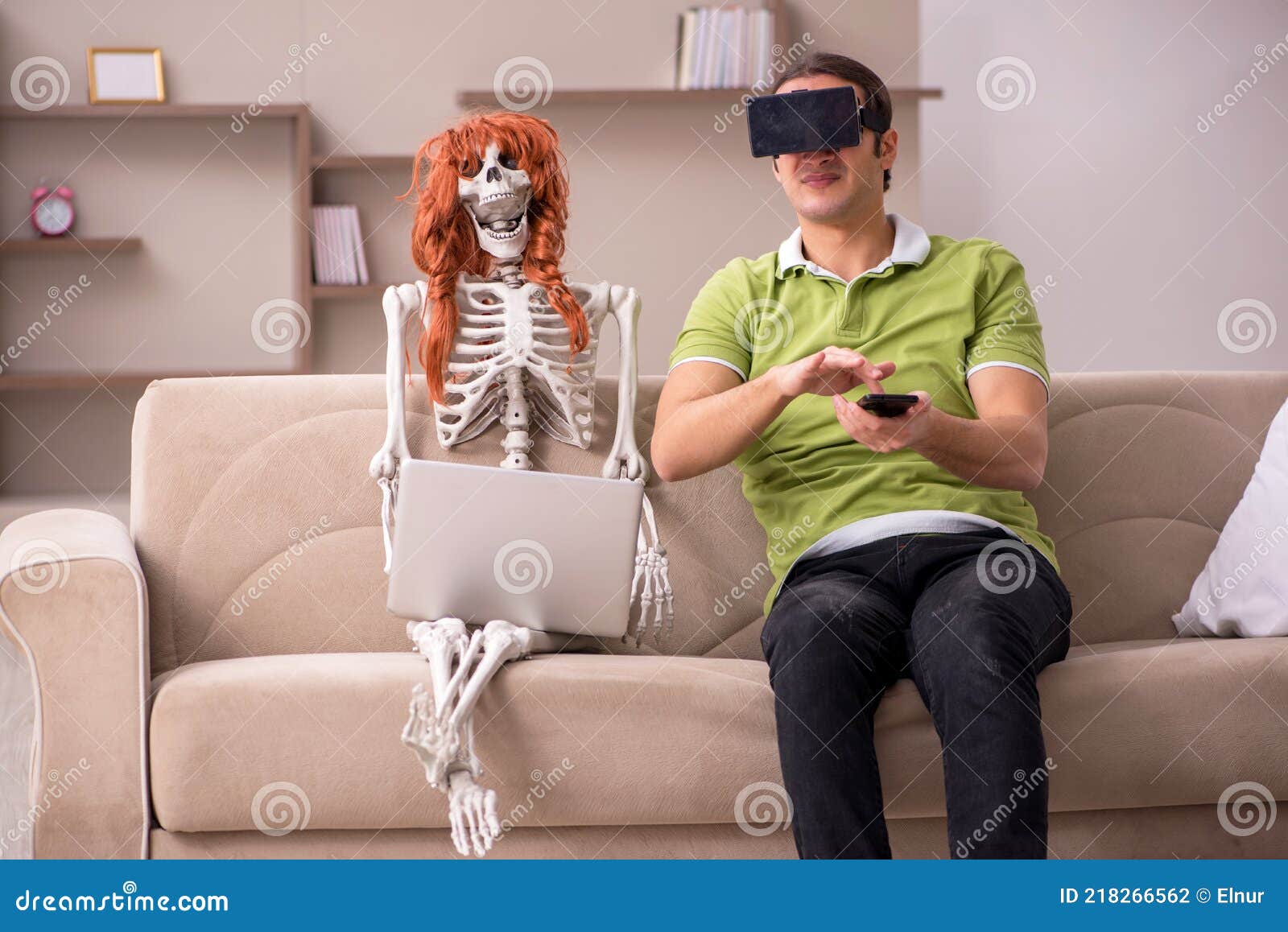 Young Man with Female Skeleton in Virtual Reality Concept Stock Photo ...