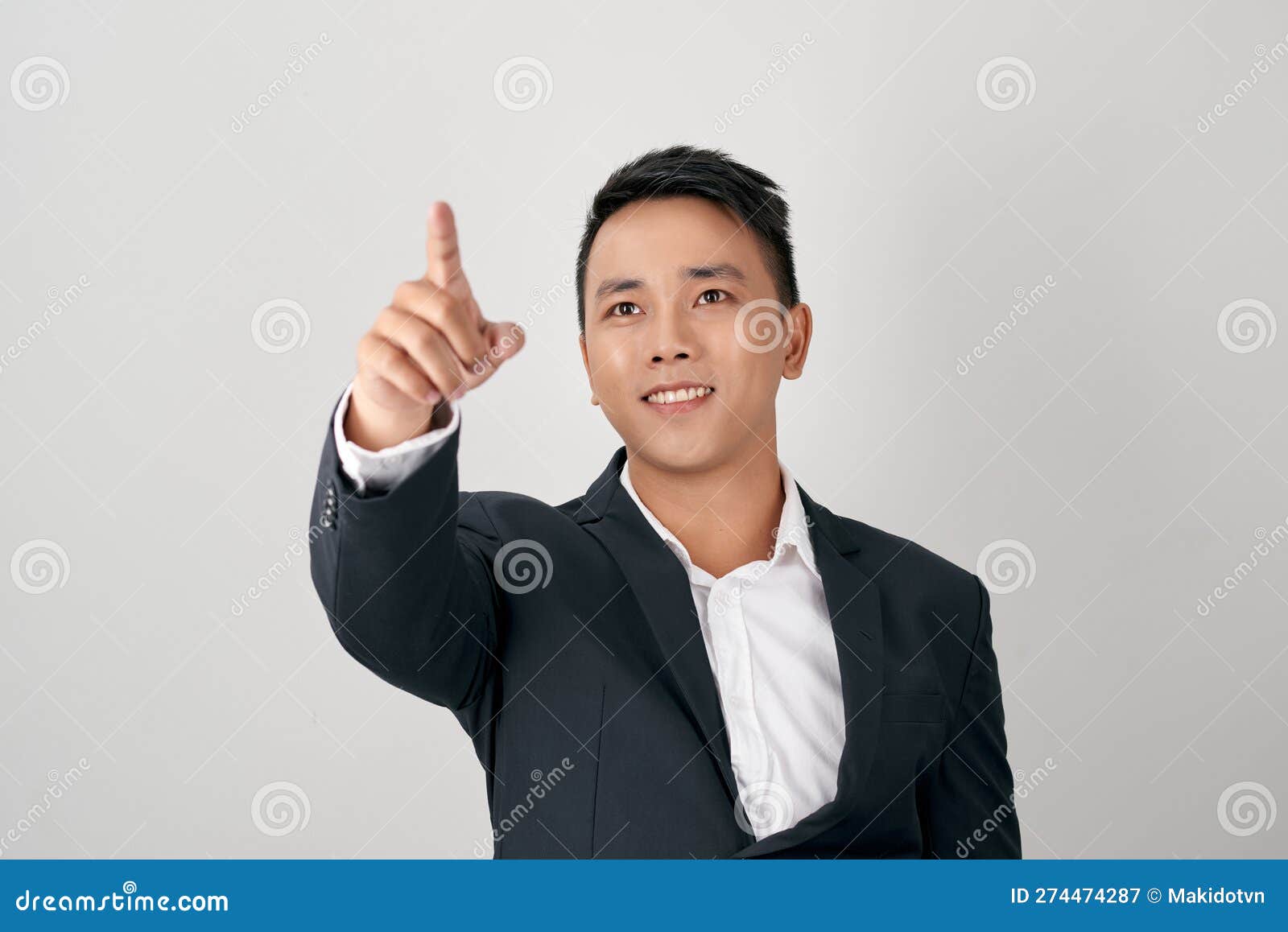 Young Man with Finger Pressing Digitally Button in the Air Stock Image ...