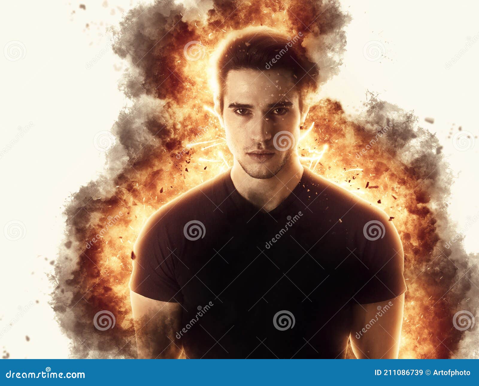 Young Man with Fire Explosion or Flame Burst Behind Him Stock Image ...
