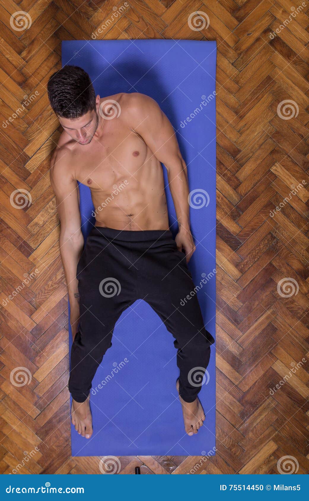 Young Man Fit Slim Body Abs Sideways Shirtless Elevated View Stock ...