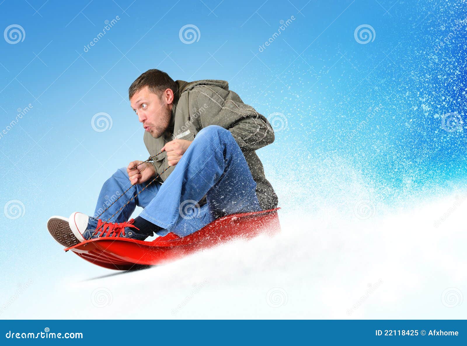 Young Man Flies on Sled in the Snow Stock Image - Image of dude, slide ...