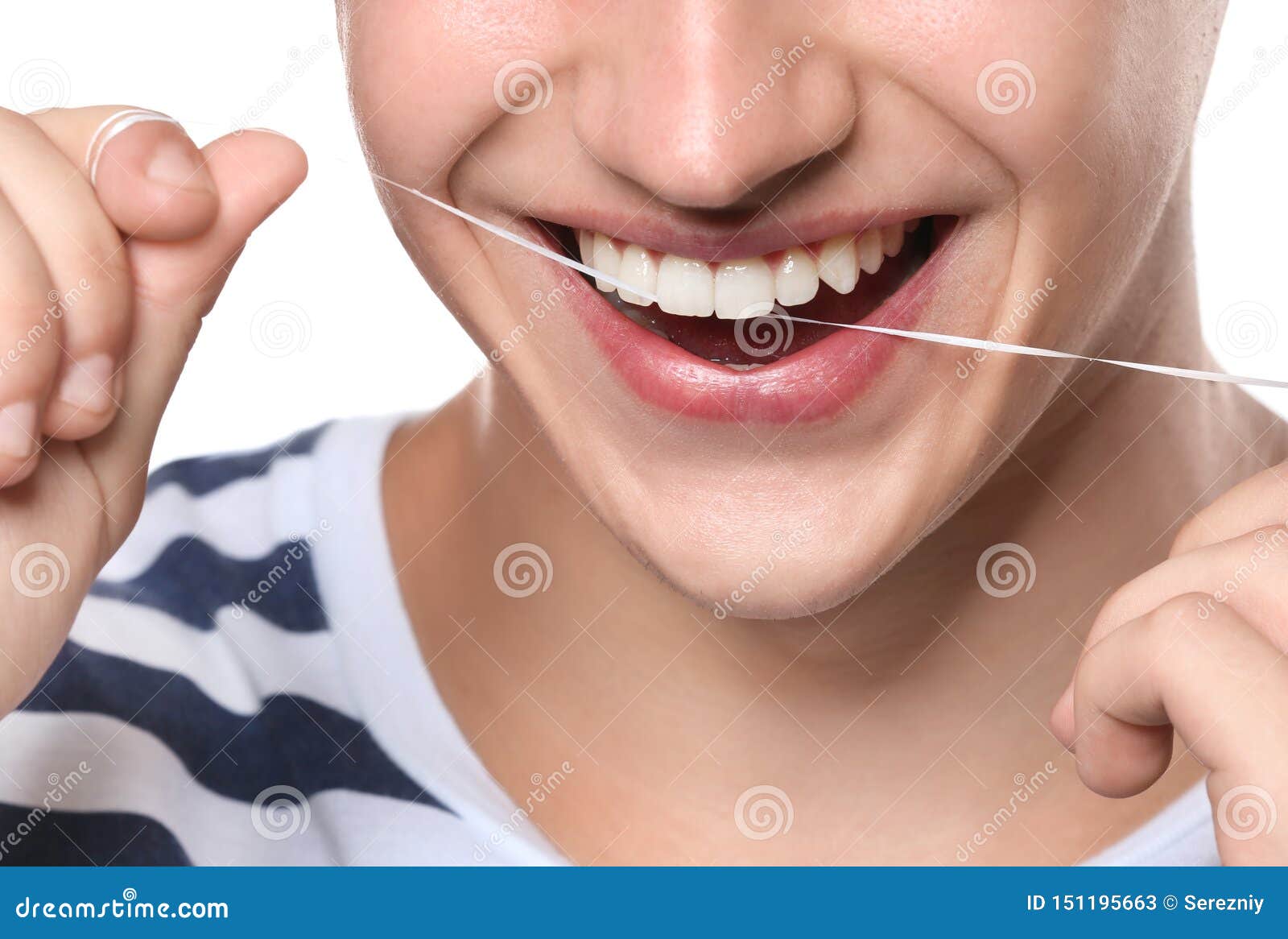 Young Man Flossing Teeth on White Background, Closeup Stock Image ...