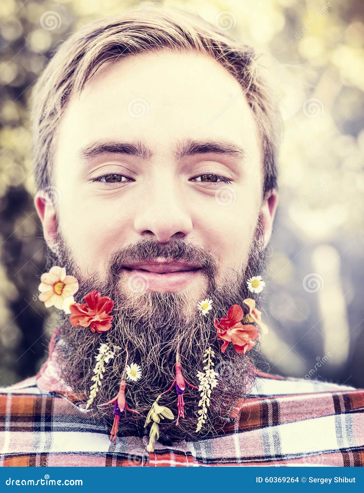 Young Man with Flowers in His Beard Natural Blurred Background Close Up ...