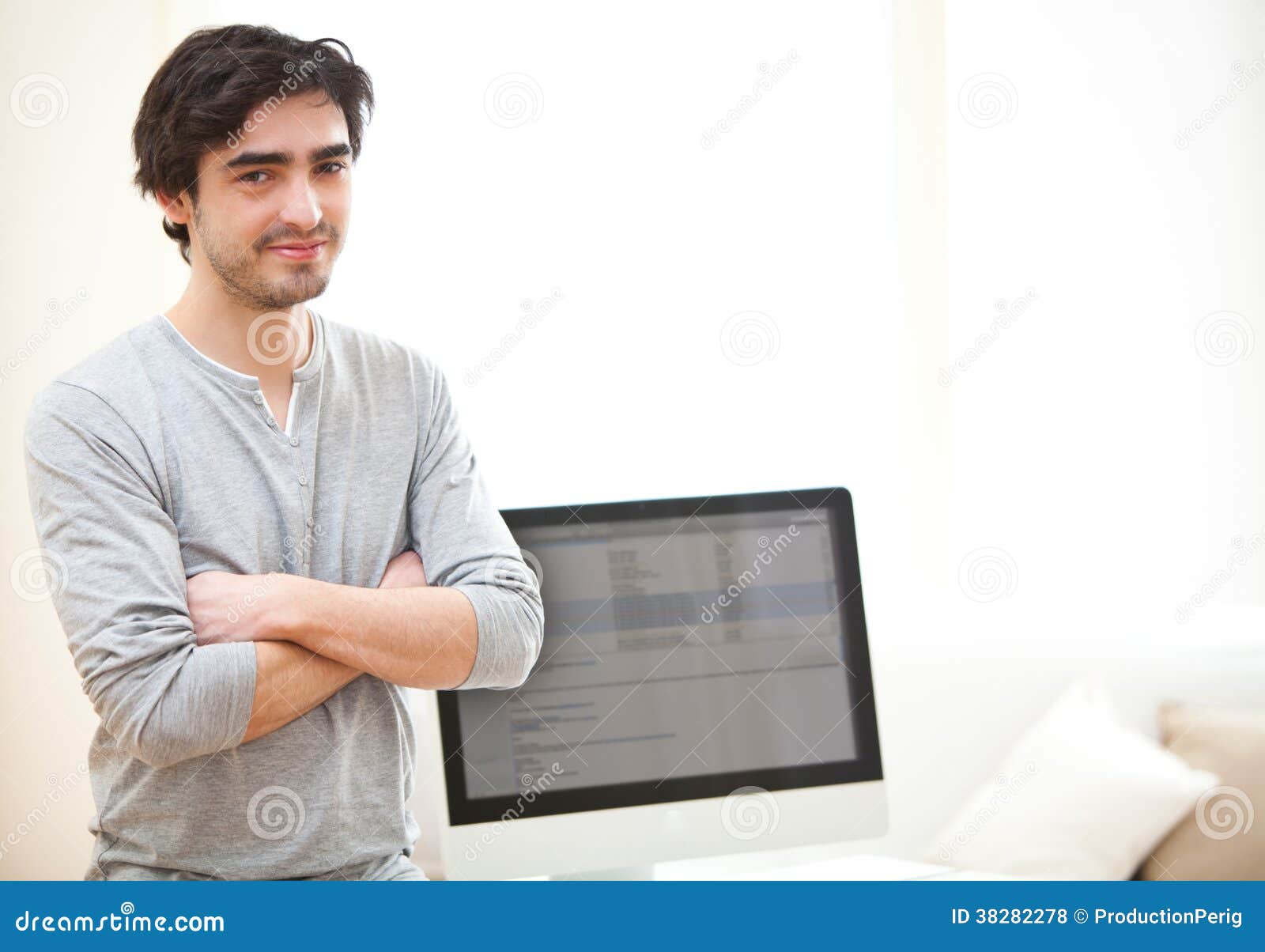 Young Man in Front of Computer Stock Photo - Image of stats ...