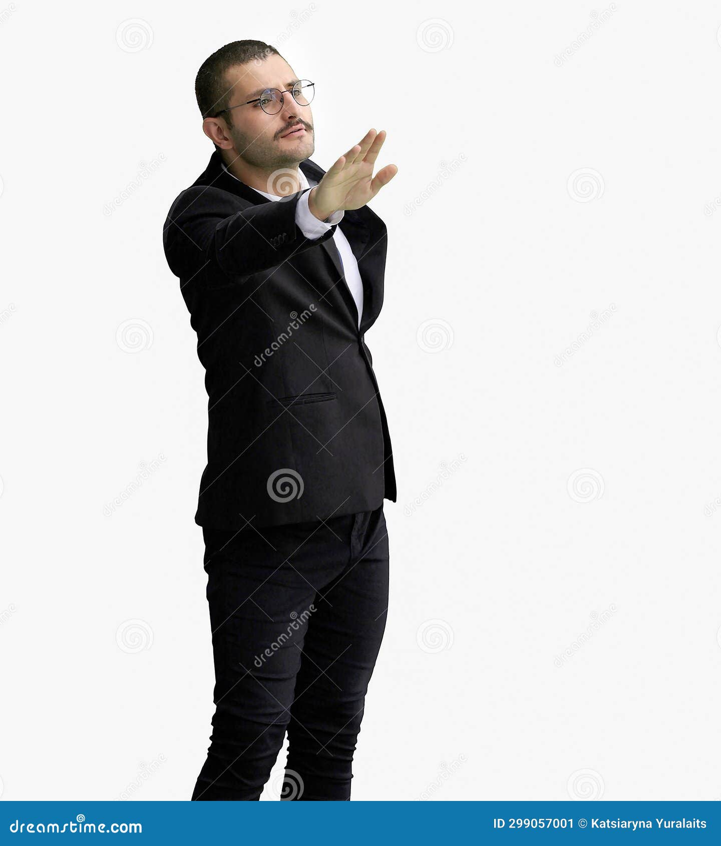 Young Man in Full Growth. Isolated on White Background Shows Hand Wait ...