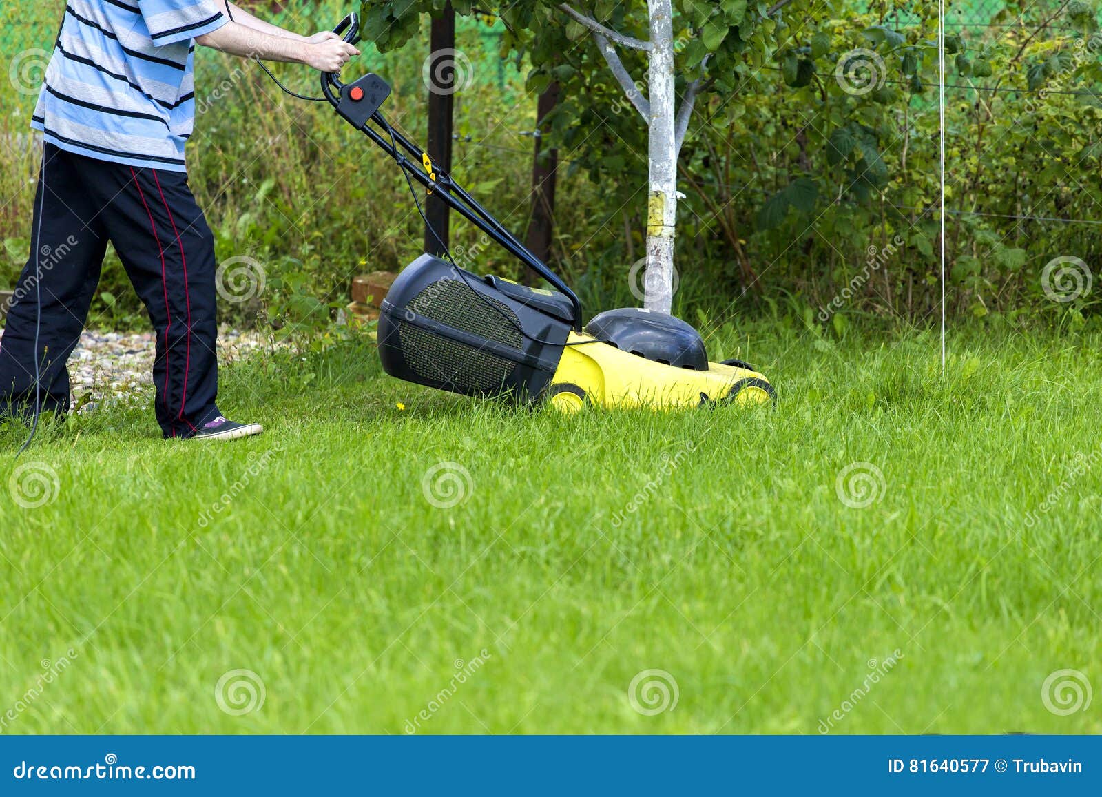 Young Man Gardener Using Lawn Mower Stock Image - Image of front, back ...
