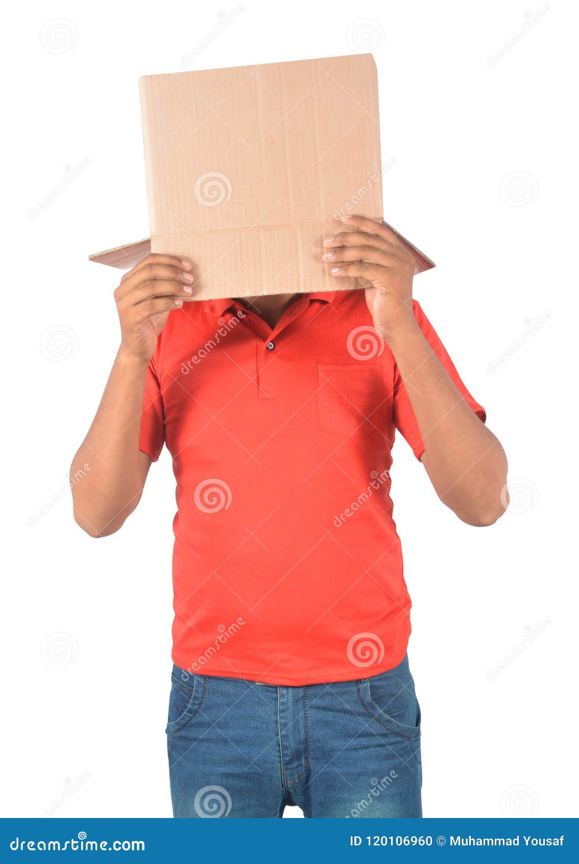 Young Man Gesturing with a Cardboard Box on His Head Isolated on Stock ...