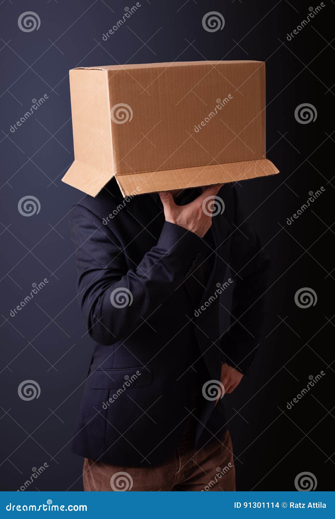 Young Man Gesturing with a Cardboard Box on His Head Stock Photo ...