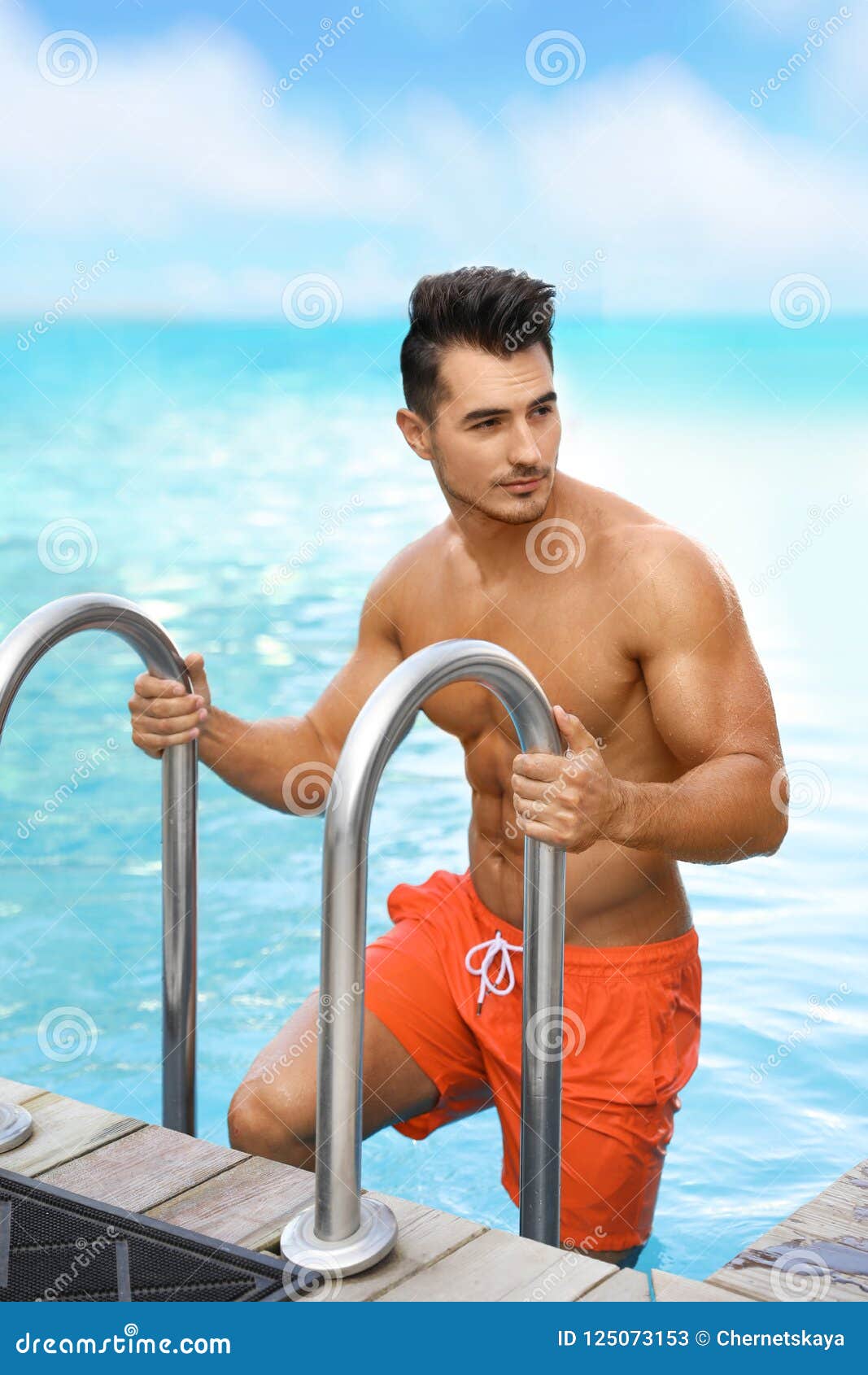 Young Man Getting Out of Pool Stock Image - Image of attractive ...