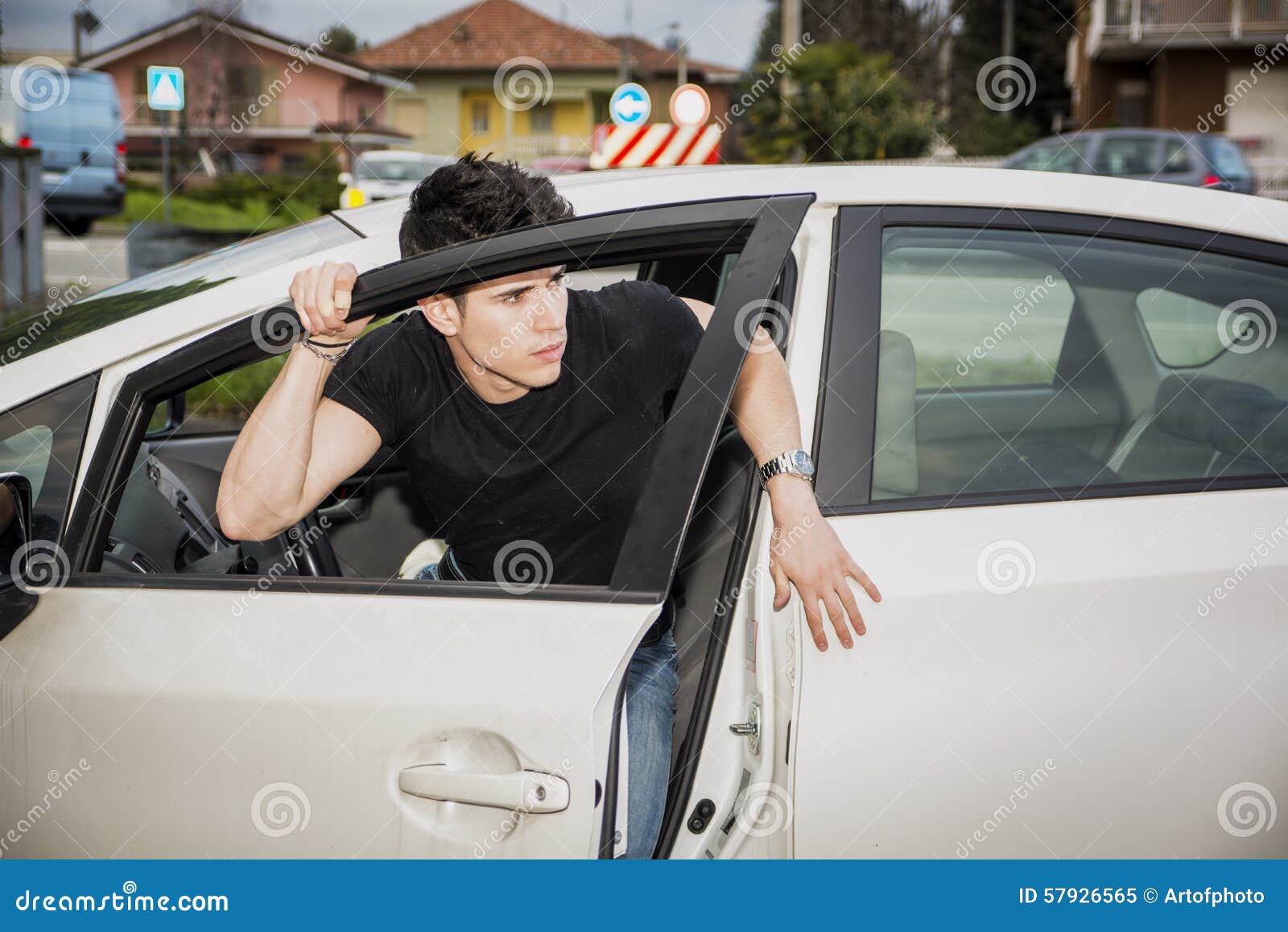Young Man Getting Out of White Car Stock Image - Image of outdoor ...