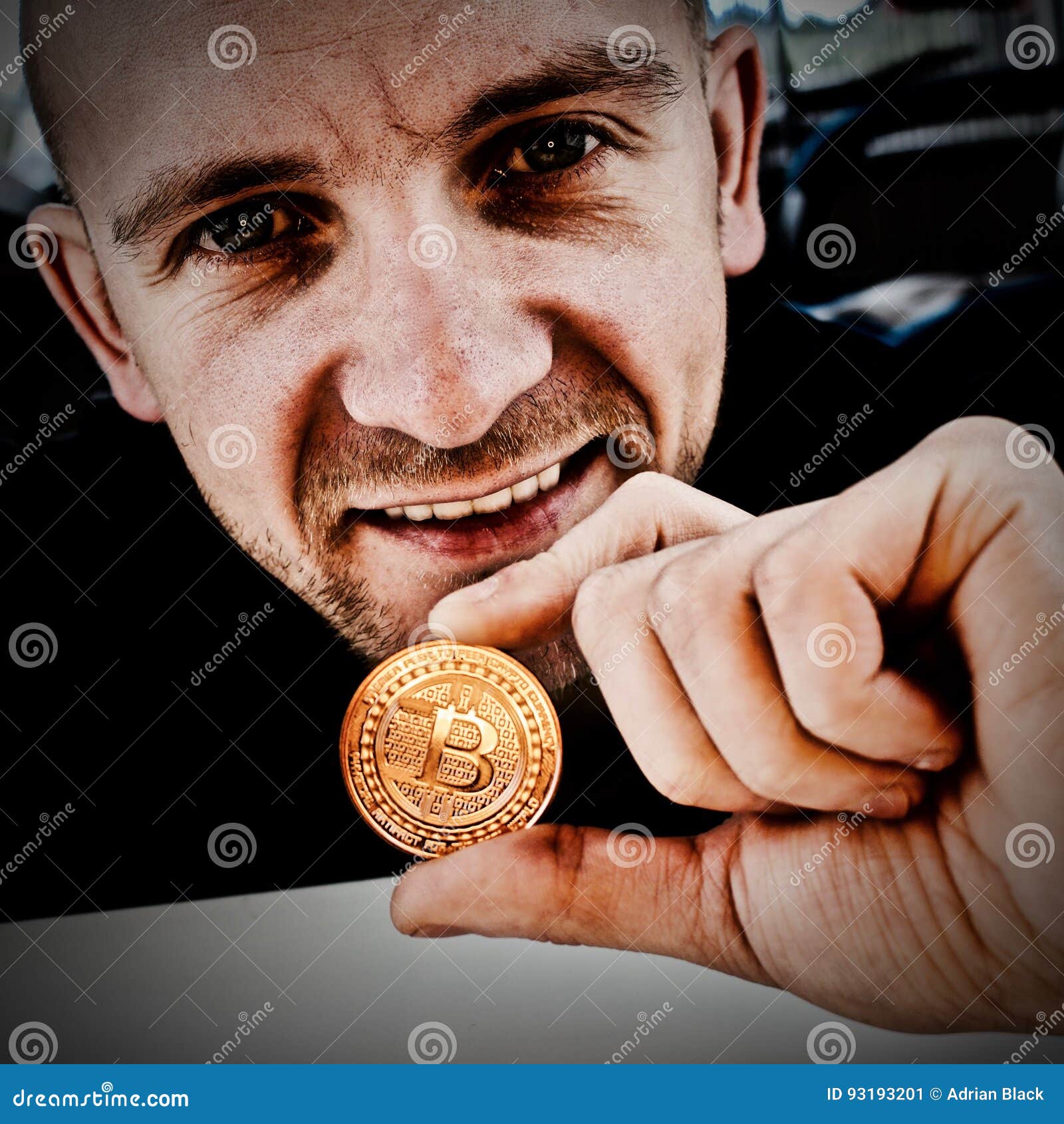 Young Man with a Gold Physical Bitcoin Stock Image - Image of hand ...