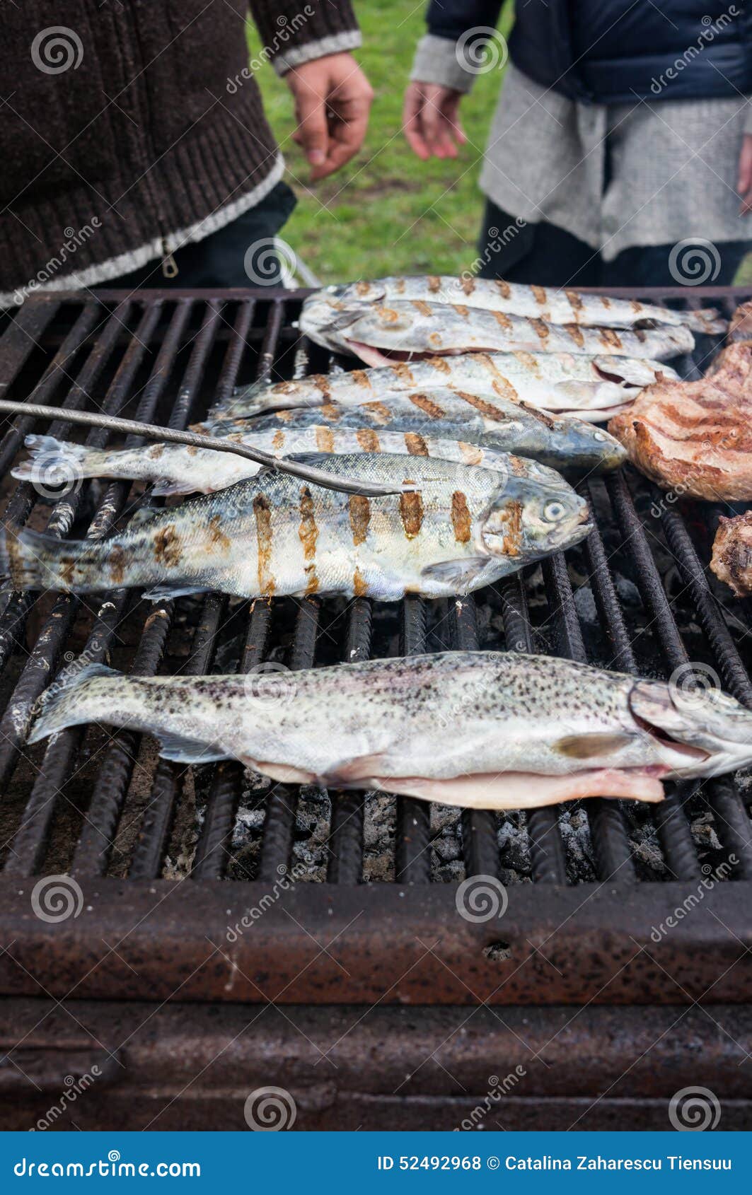 Young man grilling fish stock photo. Image of meat, young - 52492968