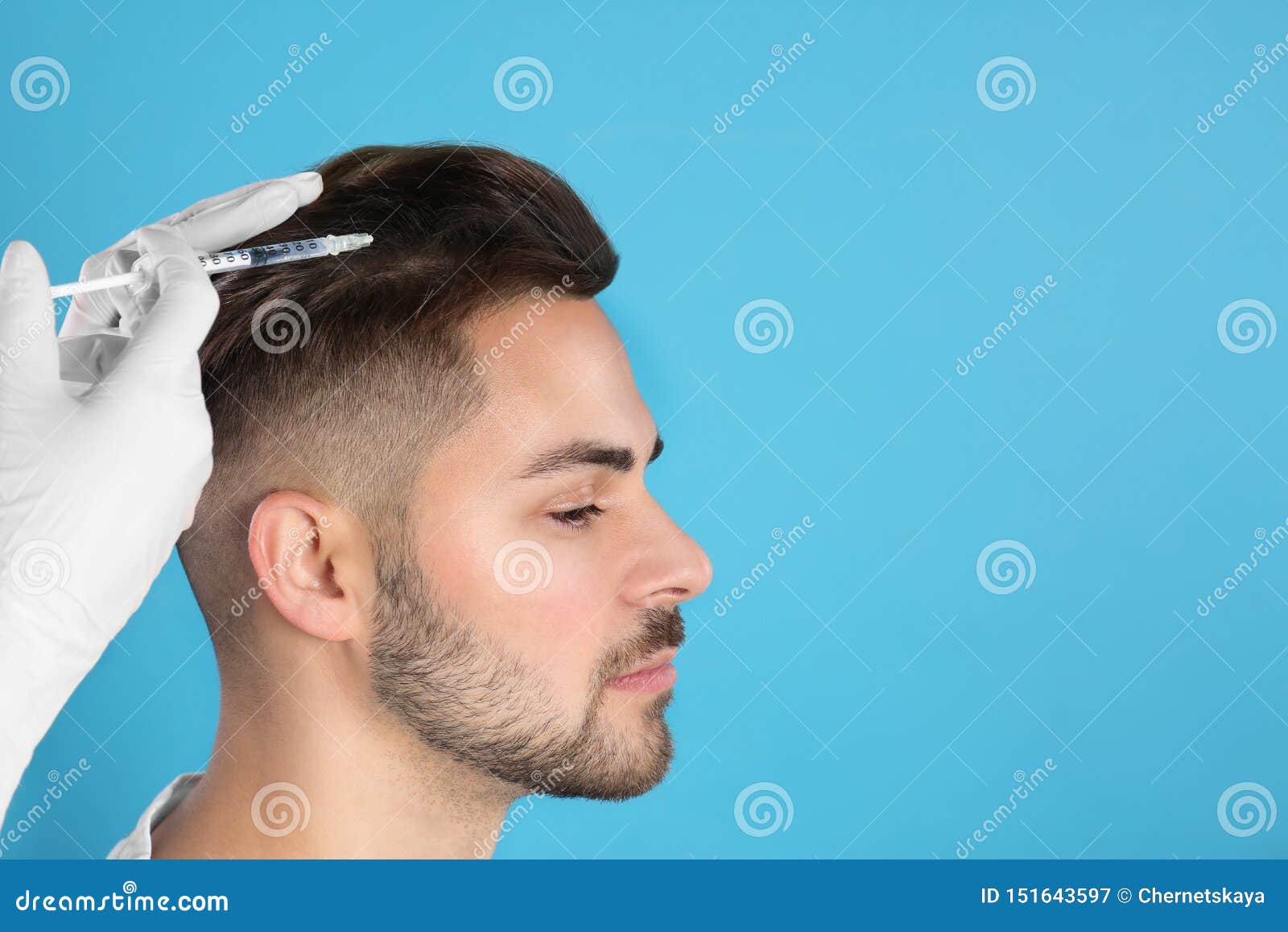 Young Man with Hair Loss Problem Receiving Injection on Color ...