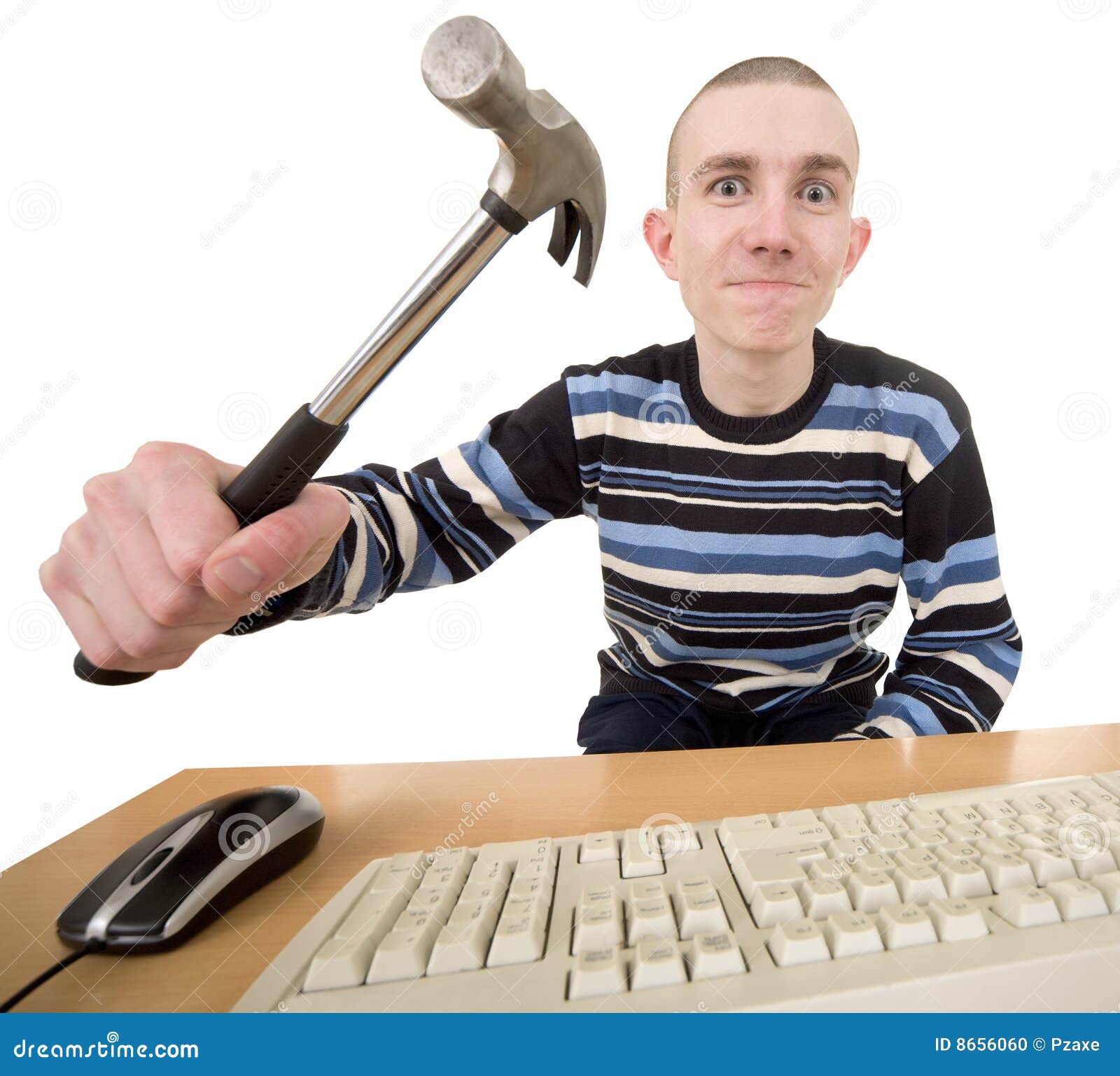 Young Man with Hammer on Hand and Keyboard Stock Photo - Image of brown ...