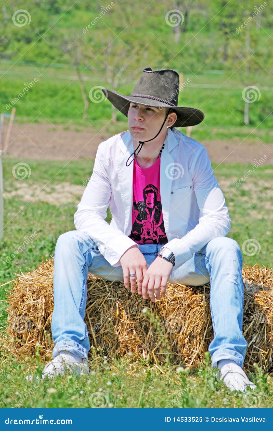 Young man on hay bale stock image. Image of holding, country - 14533525