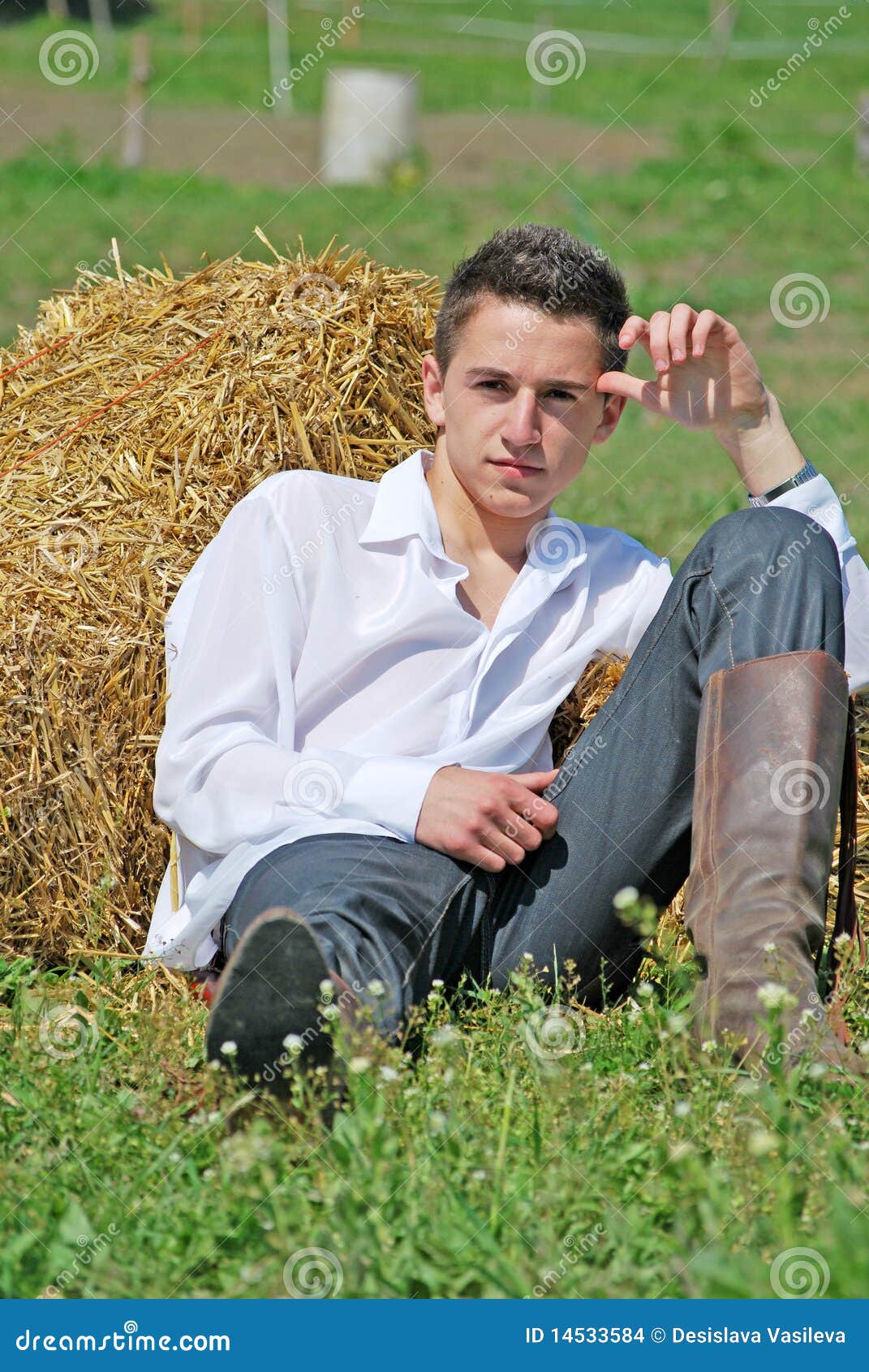 Young man on hay bale stock photo. Image of shirt, bale - 14533584