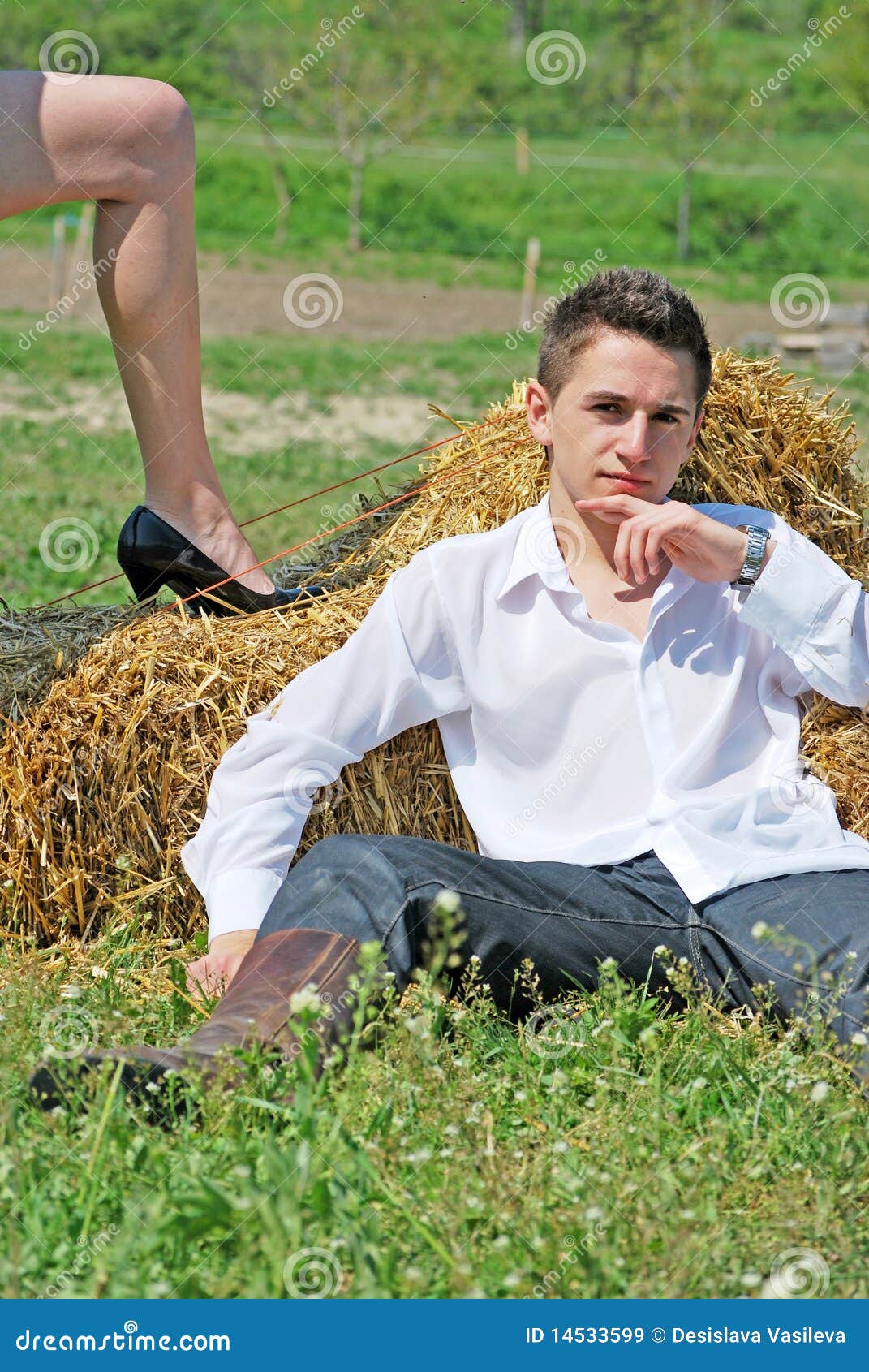 Young man on hay bale stock image. Image of grass, bales - 14533599