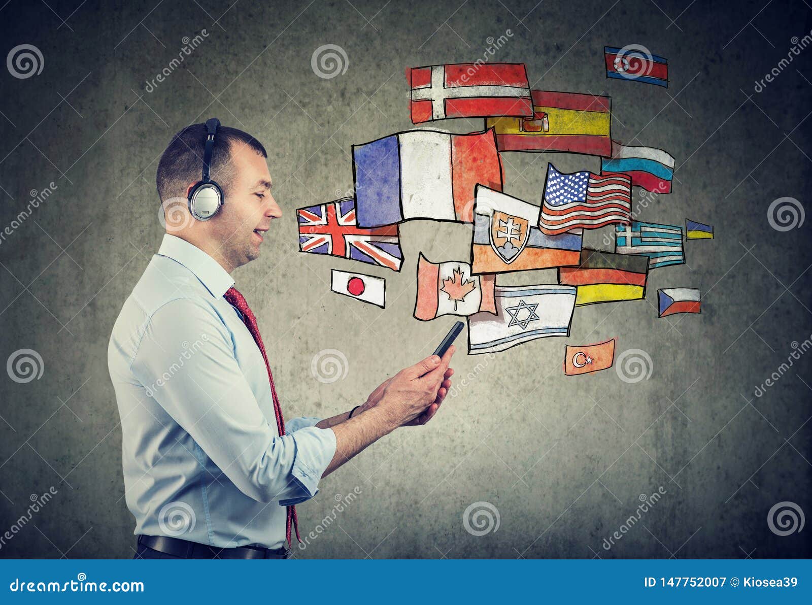 Young Man in Headphones Learning Different Languages Stock Image ...
