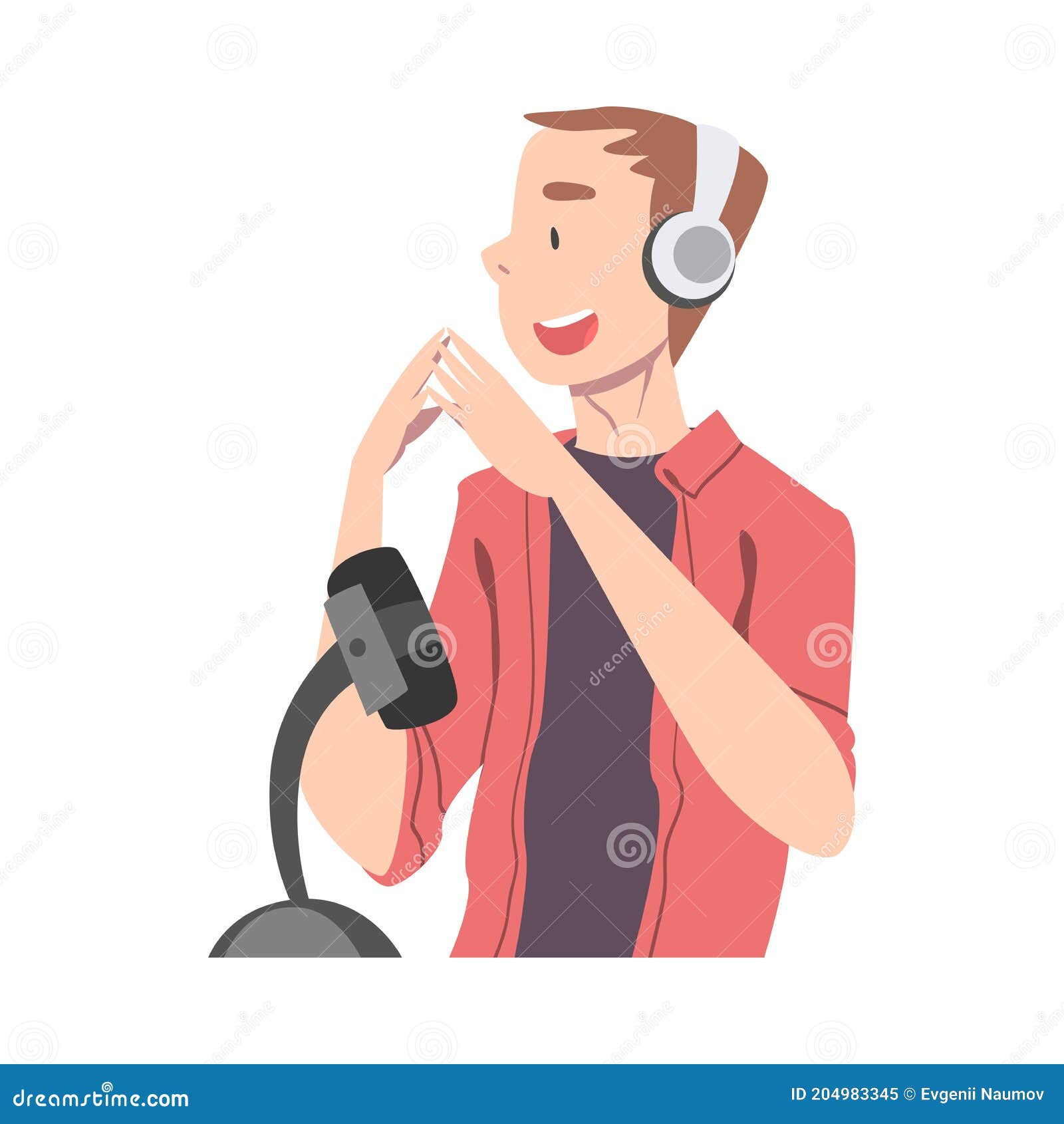 Young Man in Headphones Listening and Recording Audio Podcast with ... Young Man in Headphones Listening and Recording Audio Podcast with ...