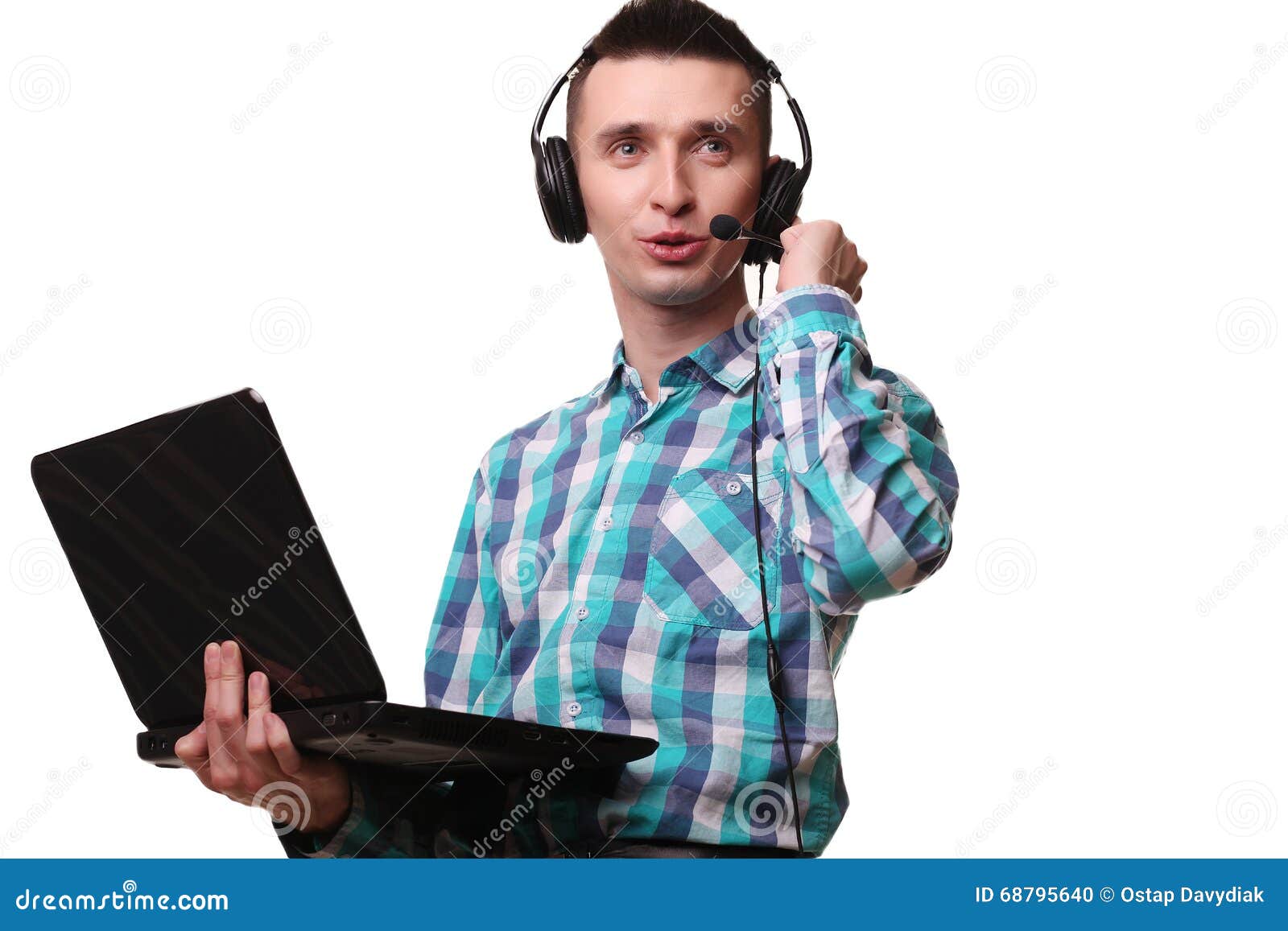 Young Man with Headset Holding Laptop - Call Center Man with Headset ...
