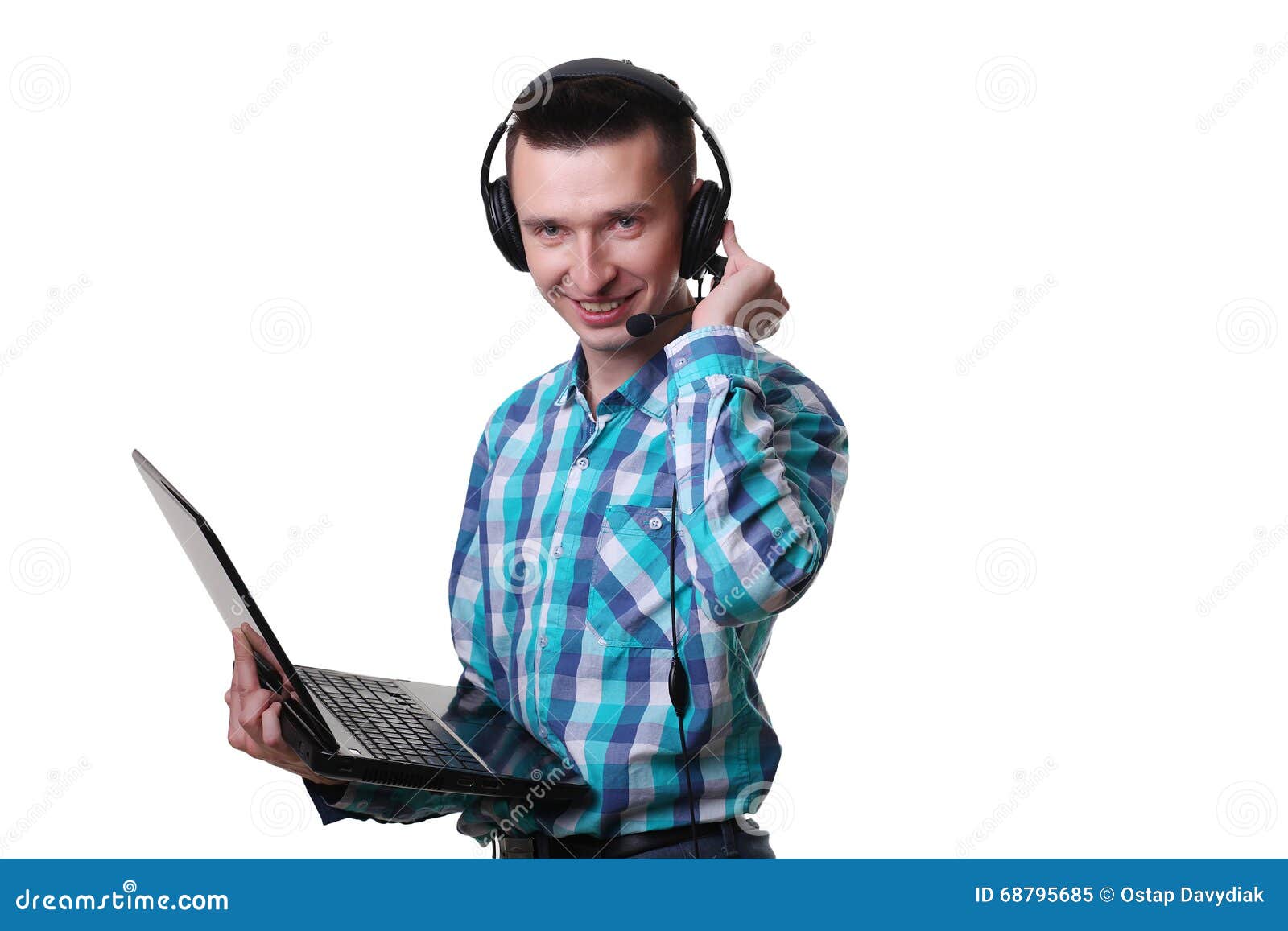 Young Man with Headset Holding Laptop - Call Center Man with Headset ...