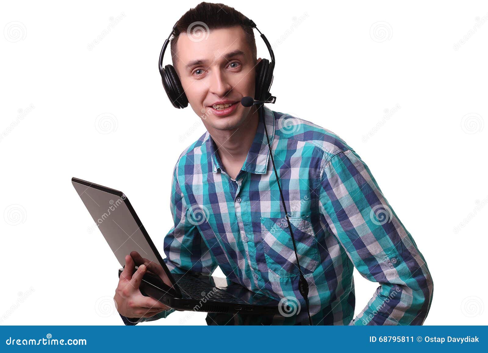 Young Man with Headset Holding Laptop - Call Center Man with Headset ...