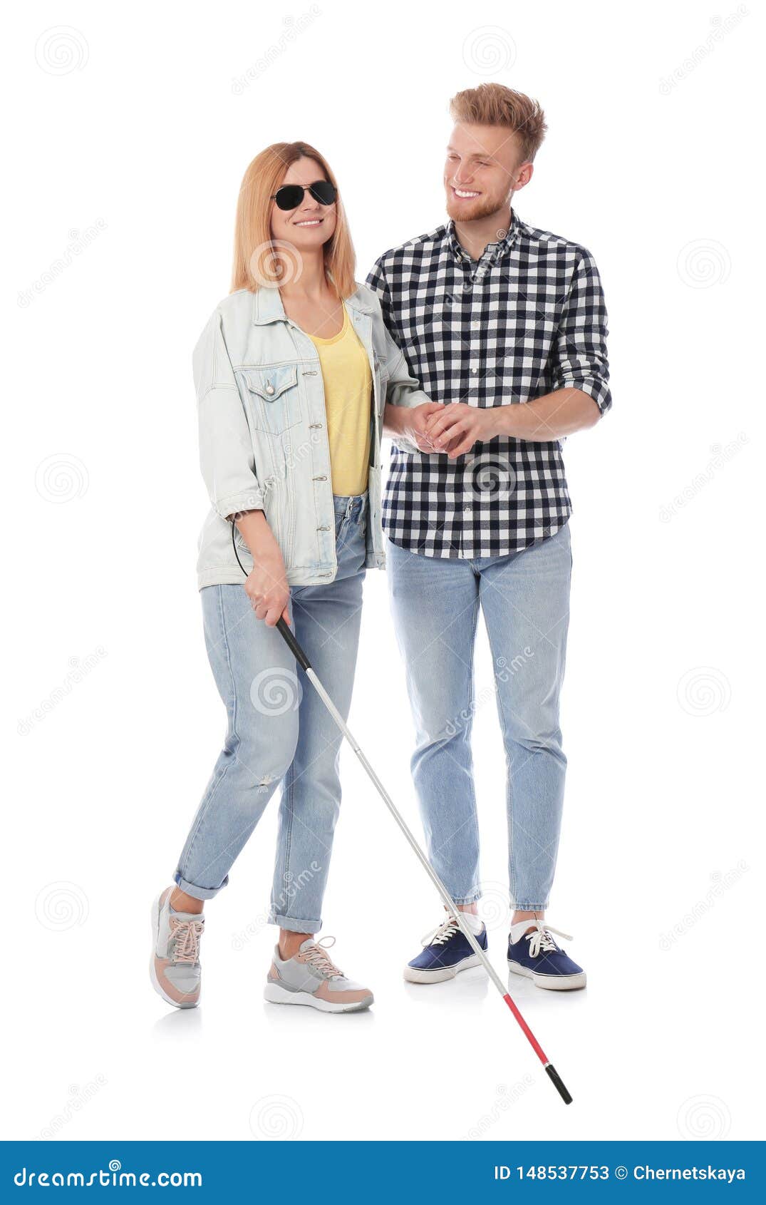 Young Man Helping Blind Person with Long Cane on White Stock Image ...