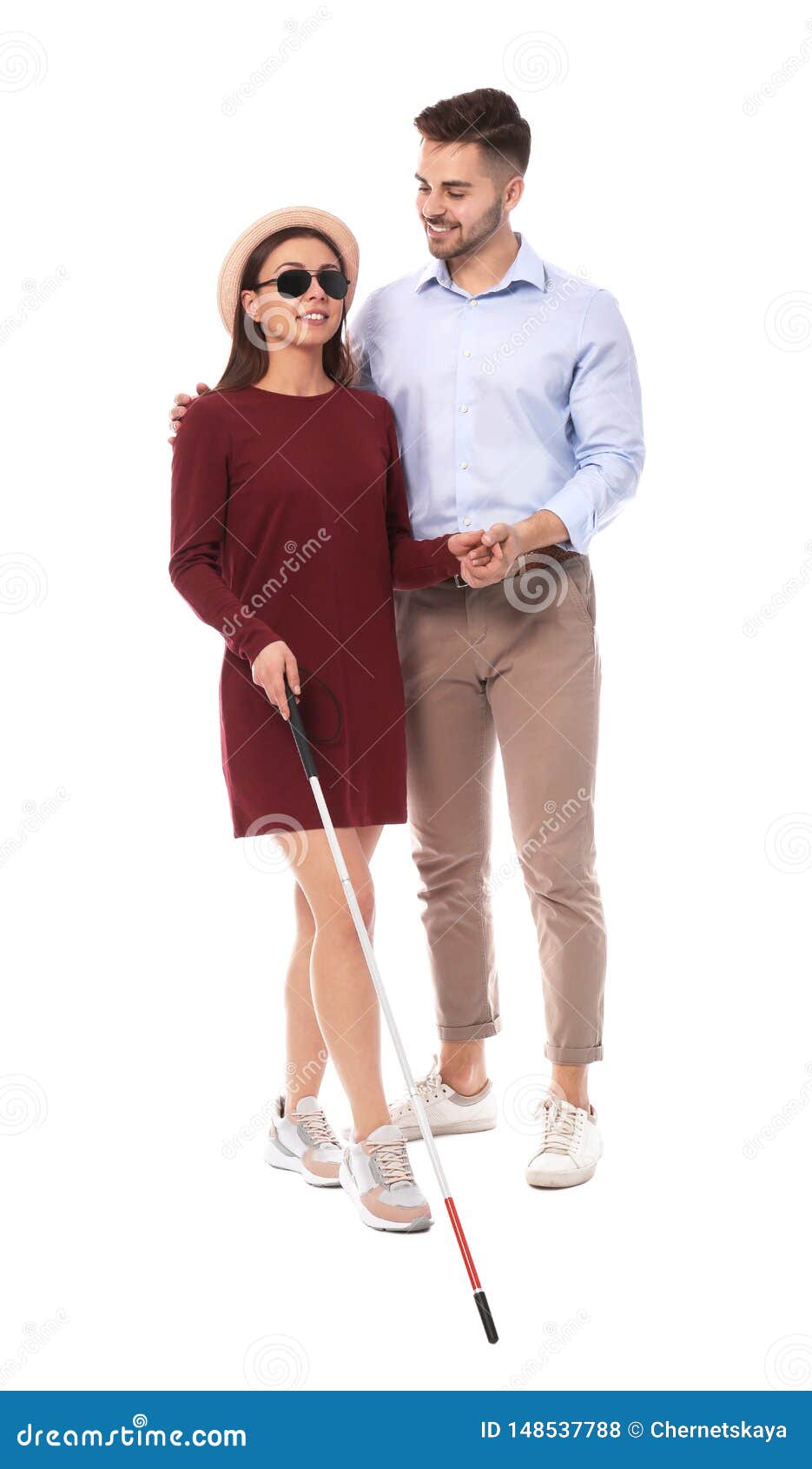 Young Man Helping Blind Person with Long Cane Stock Photo - Image of ...