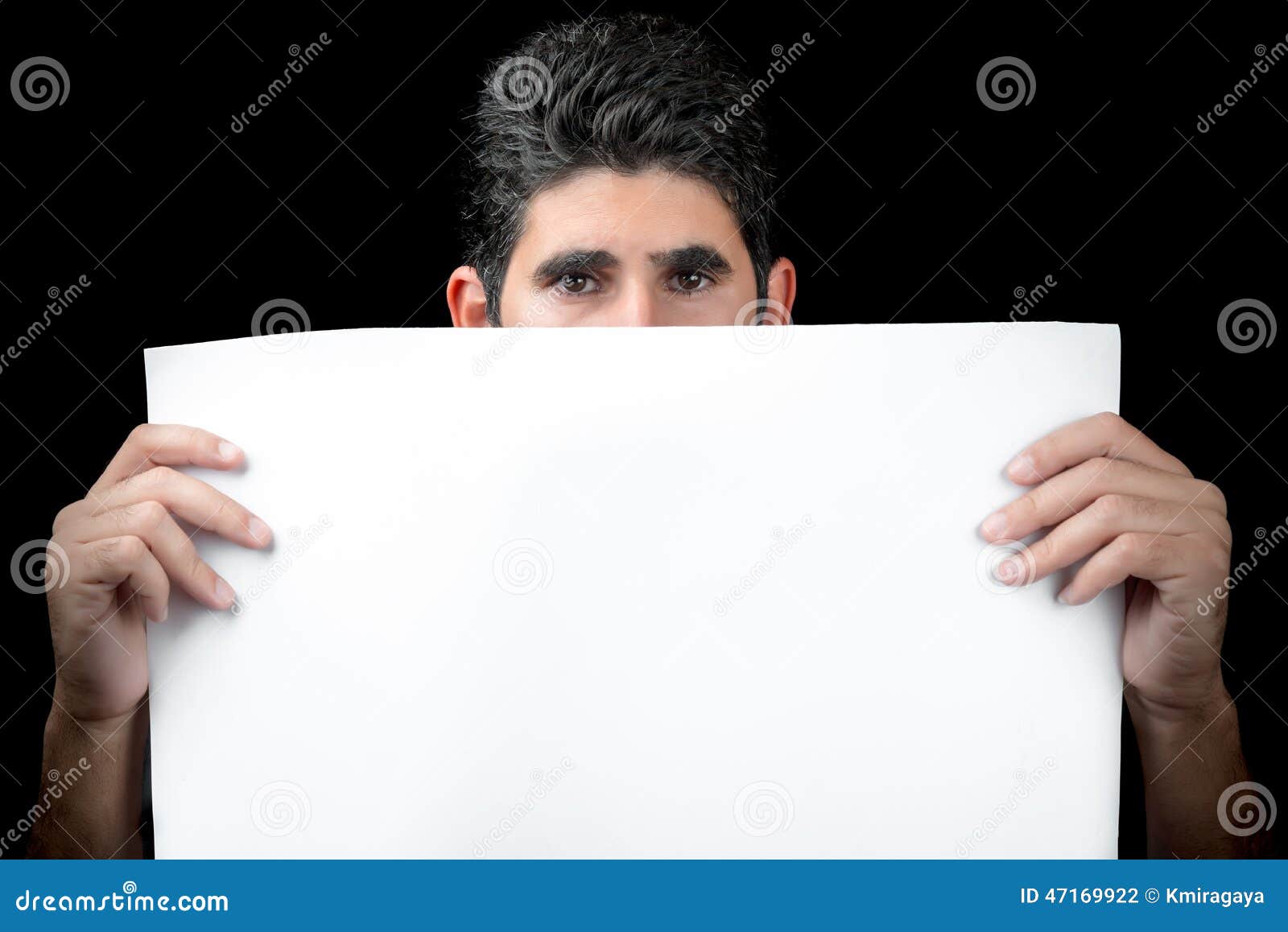 Young Man Hiding Behind a White Banner Stock Photo - Image of depressed ...