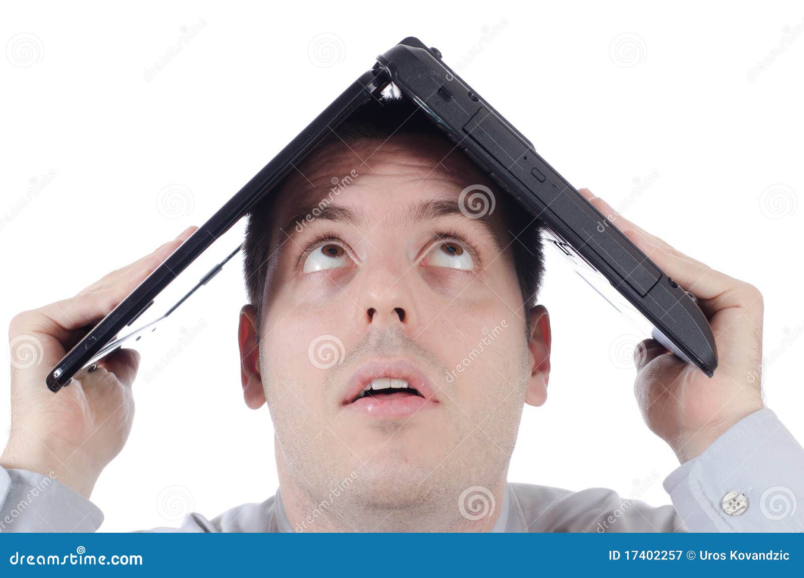 Young Man Hiding Below Open Laptop Computer Stock Image - Image of ...