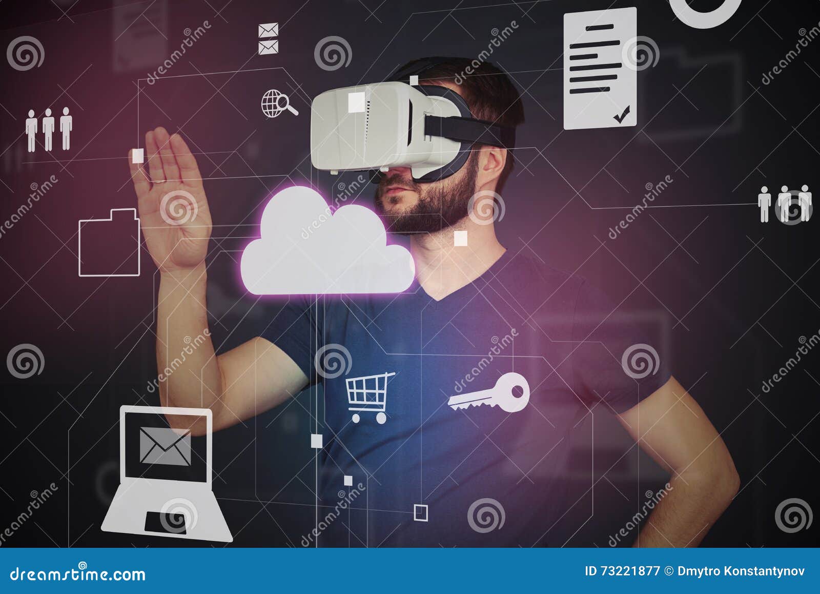 Young Man in High Tech VR-headset Using Interactive Touch Scree Stock ...