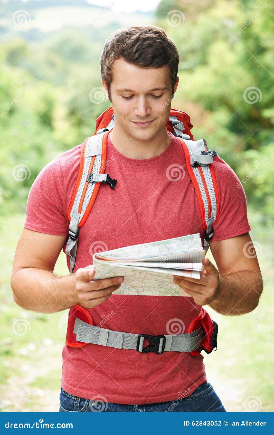 Young Man on Hike through Countryside Stock Photo - Image of happy ...