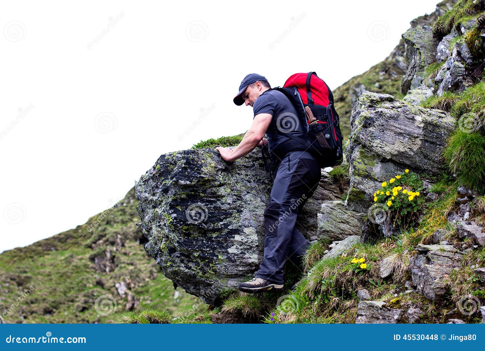 Young Man Hiking on Difficult Mountain Trail Stock Photo - Image of ...
