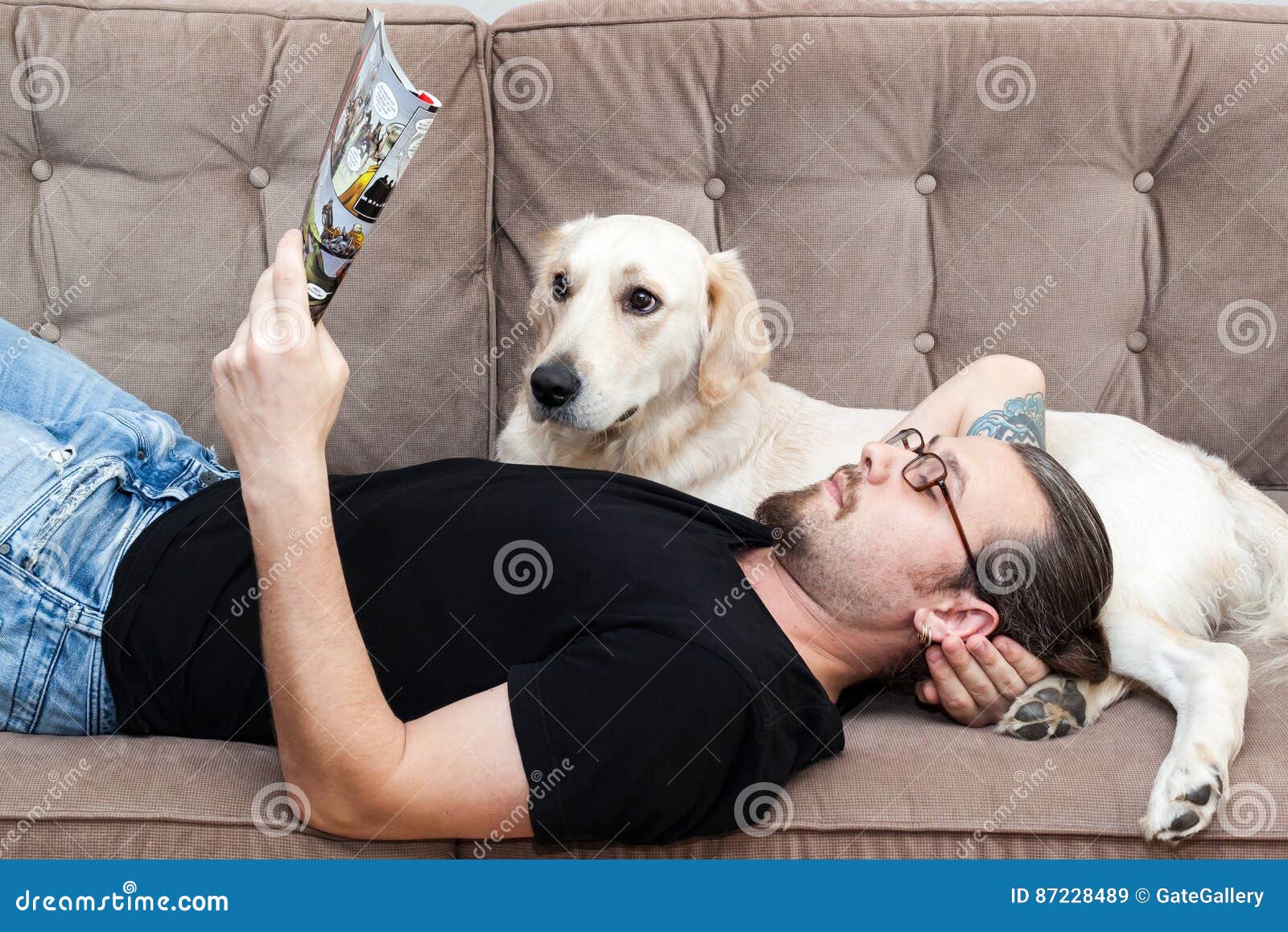 Young Man Reading with Dog S Companionship Editorial Stock Image ...