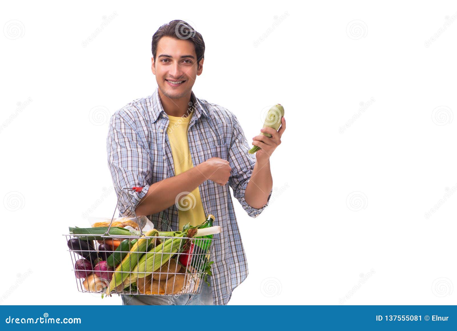The Young Man with His Grocery Shopping on White Stock Image - Image of ...