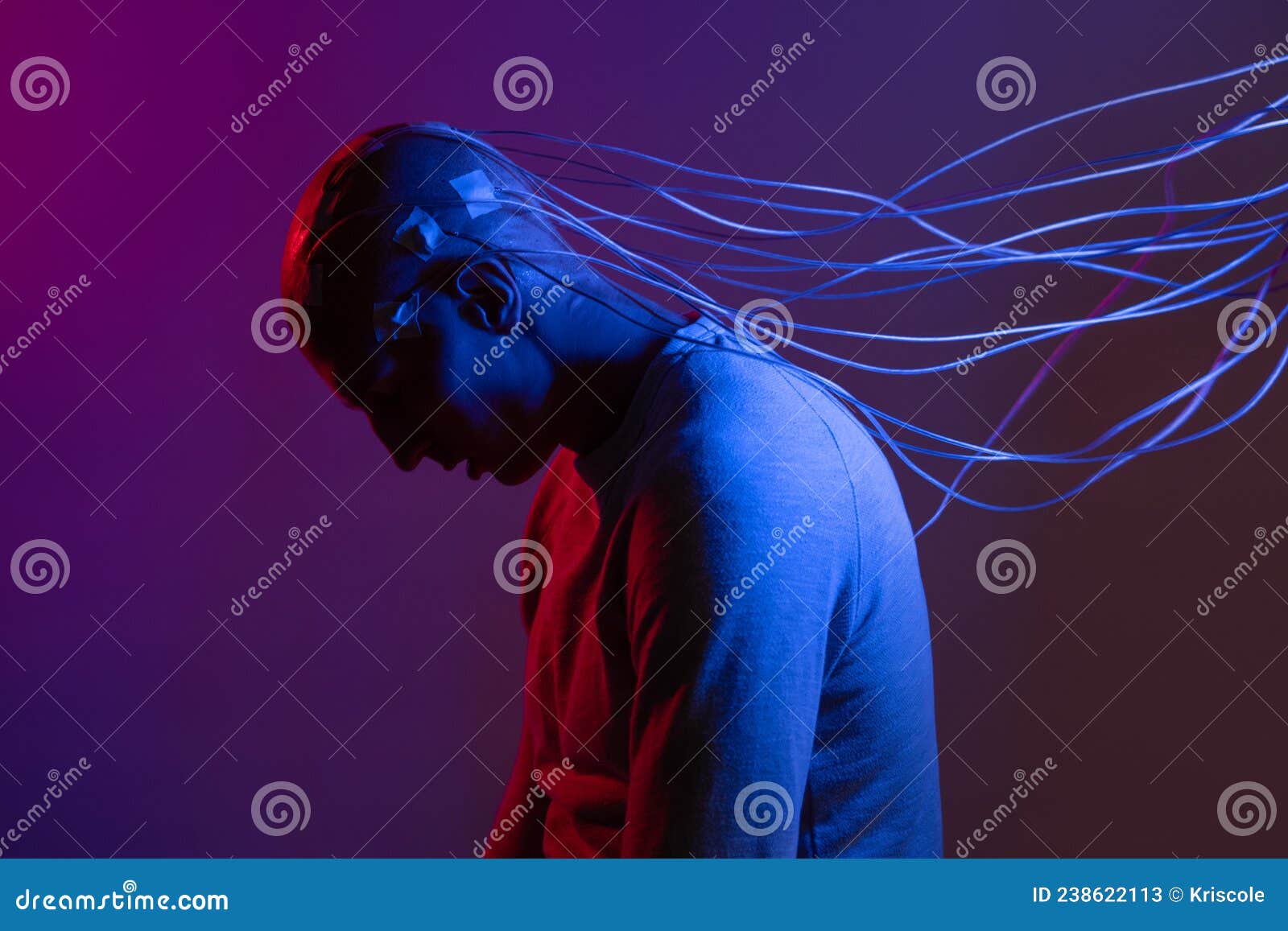 A Young Man with His Head Entangled with Wires, a Portrait in Profile ...