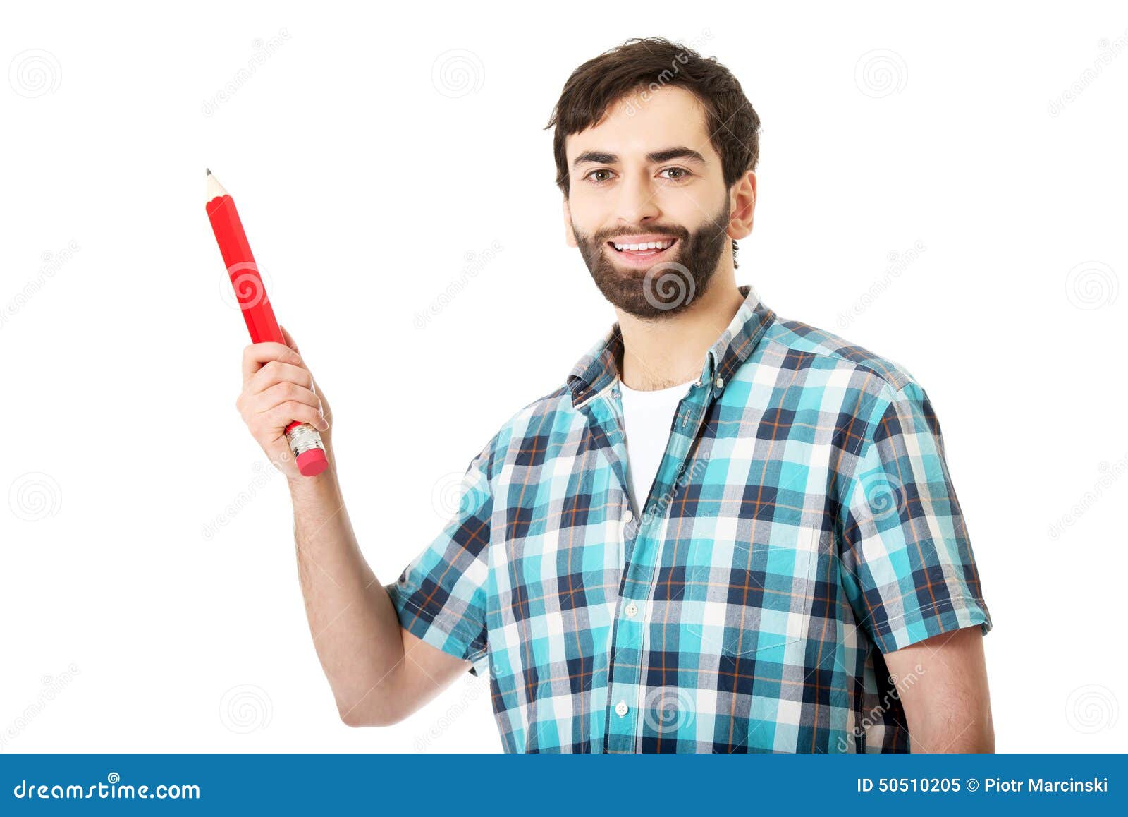 Young Man Holding Big Red Pencil. Stock Image - Image of humor ...