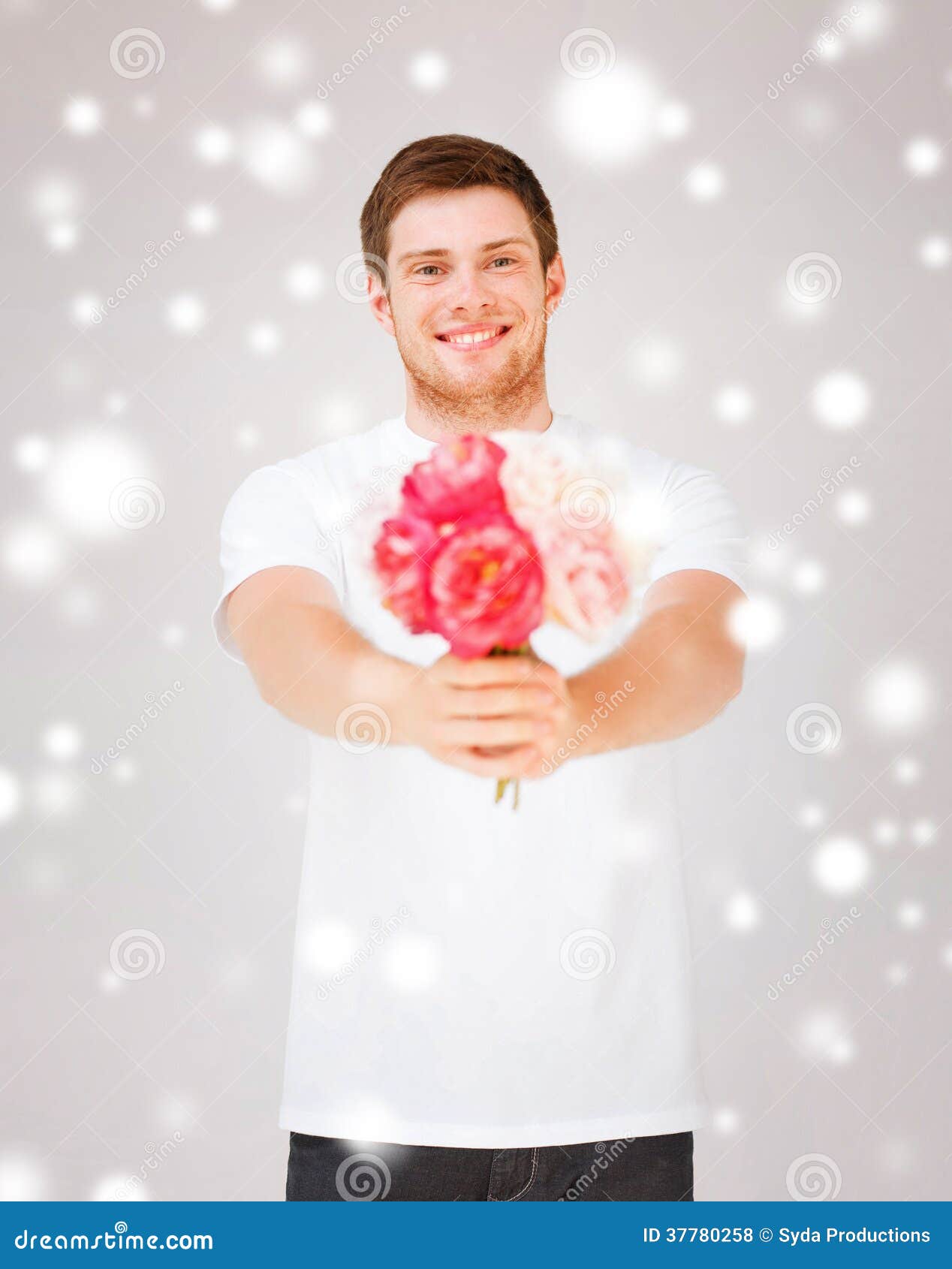 Young Man Holding Bouquet of Flowers Stock Photo - Image of bouquet ...
