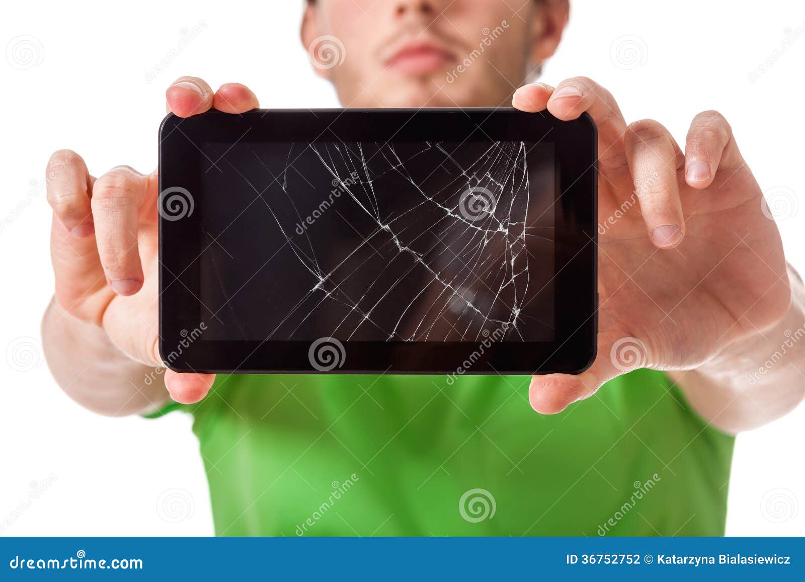 Young Man Holding Broken Tablet Stock Photo - Image of electronics ...