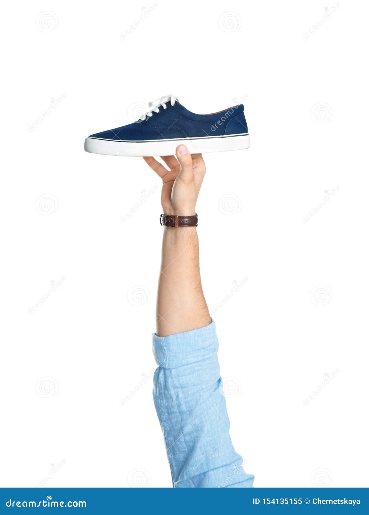 Young Man Holding Comfortable Shoe on White Background Stock Image ...